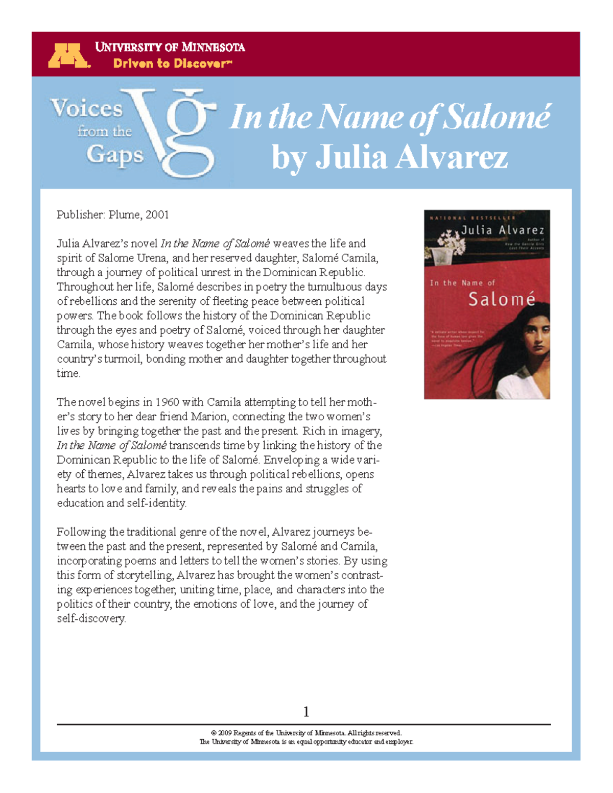 Review In the Name of Salomé - Publisher: Plume, 2001 Julia Alvarez’s ...