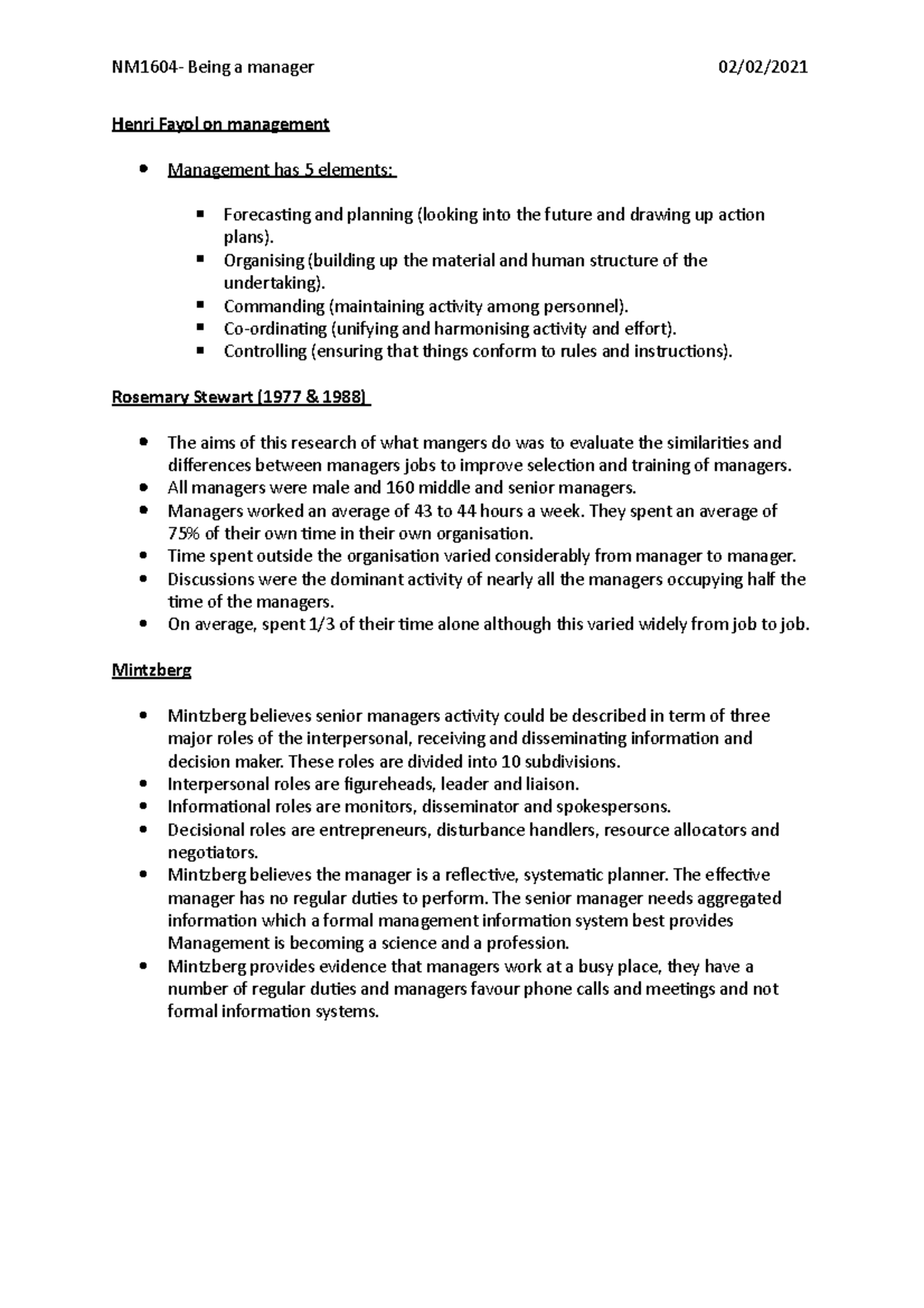 Being a manager notes - NM1604- Being a manager 02/02/ Henri Fayol on ...