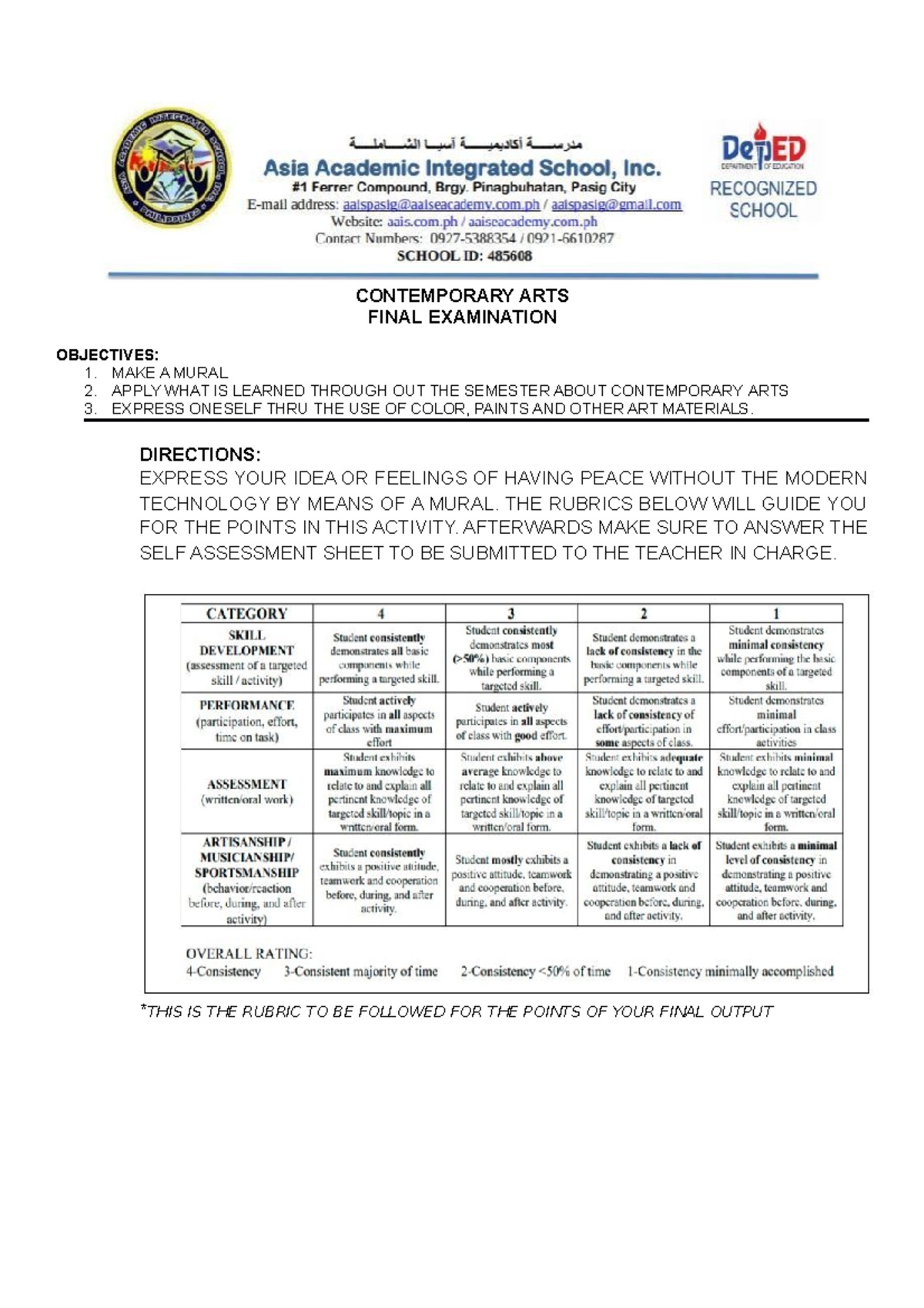 Final EXAM Contemporary ARTS - CONTEMPORARY ARTS FINAL EXAMINATION ...