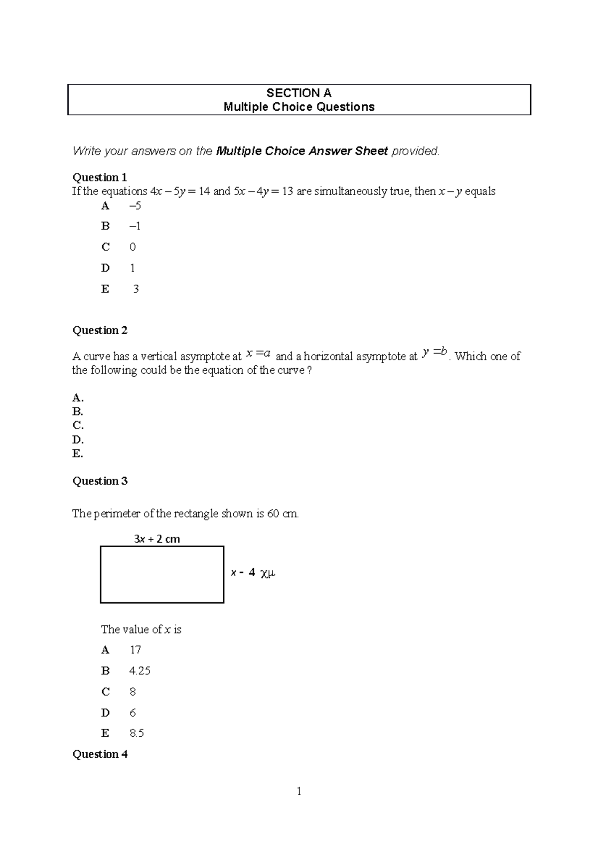 2021 Unit 1 Mathematical Methods Exam final - SECTION A Multiple Choice ...