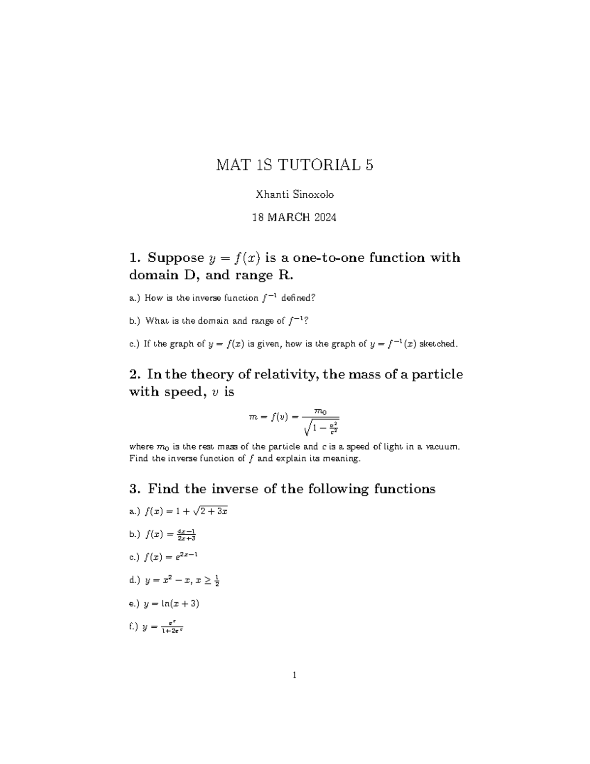 MAT 1S1 Tutorial 5 - mathematics - MAT 1S TUTORIAL 5 Xhanti Sinoxolo 18 ...