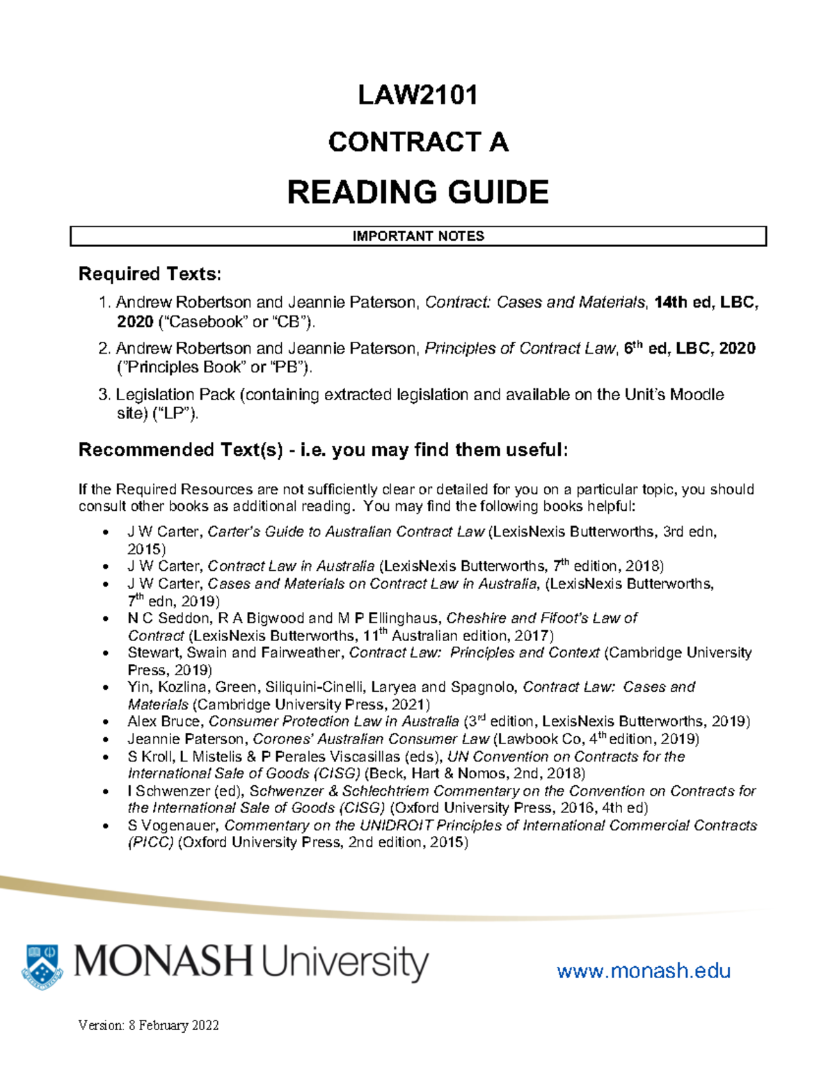 LAW2101 - Reading Guide - Version: 8 February 2022 monash LAW CONTRACT ...