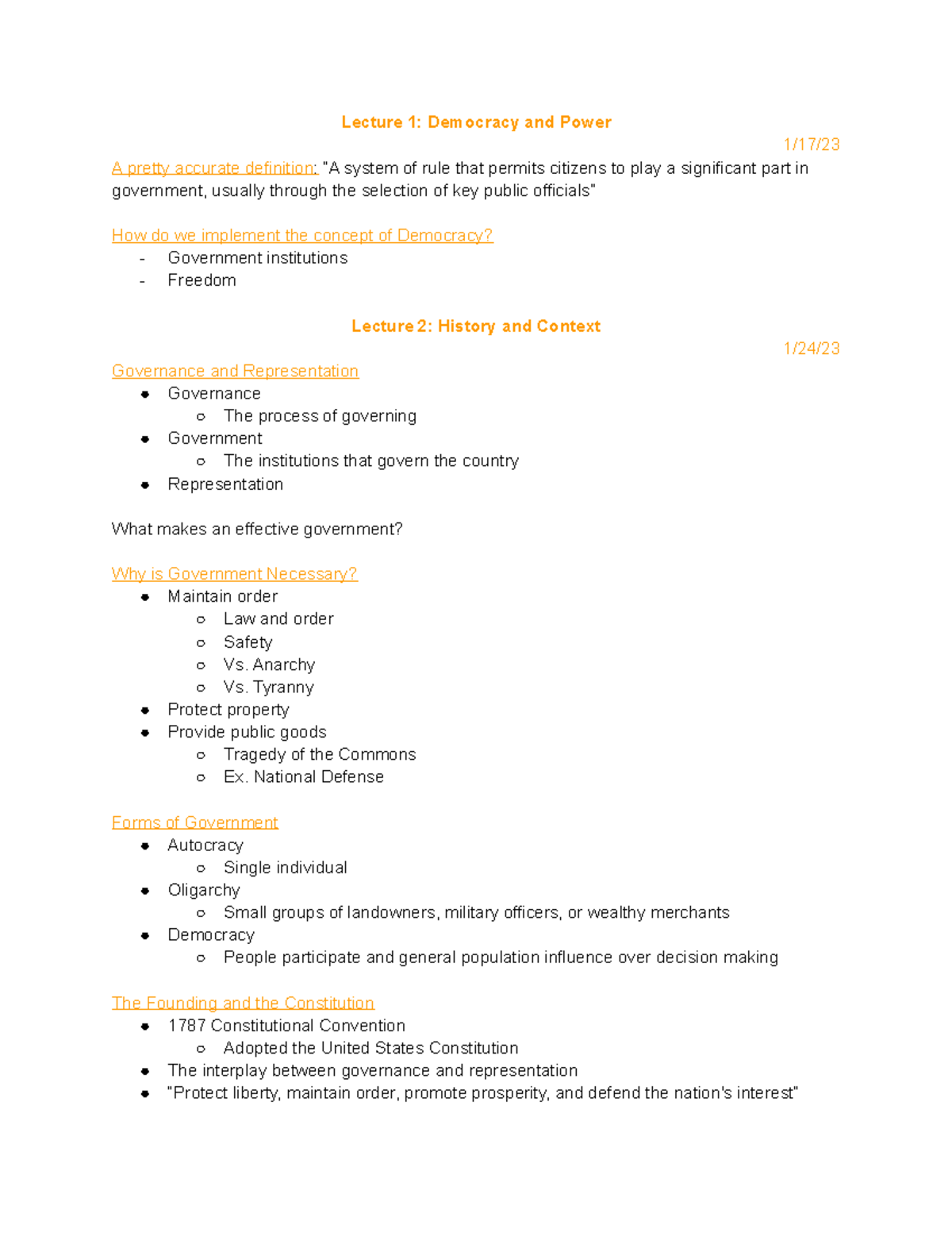 American National Government Lecture 1 and 2 - Lecture 1: Democracy and ...