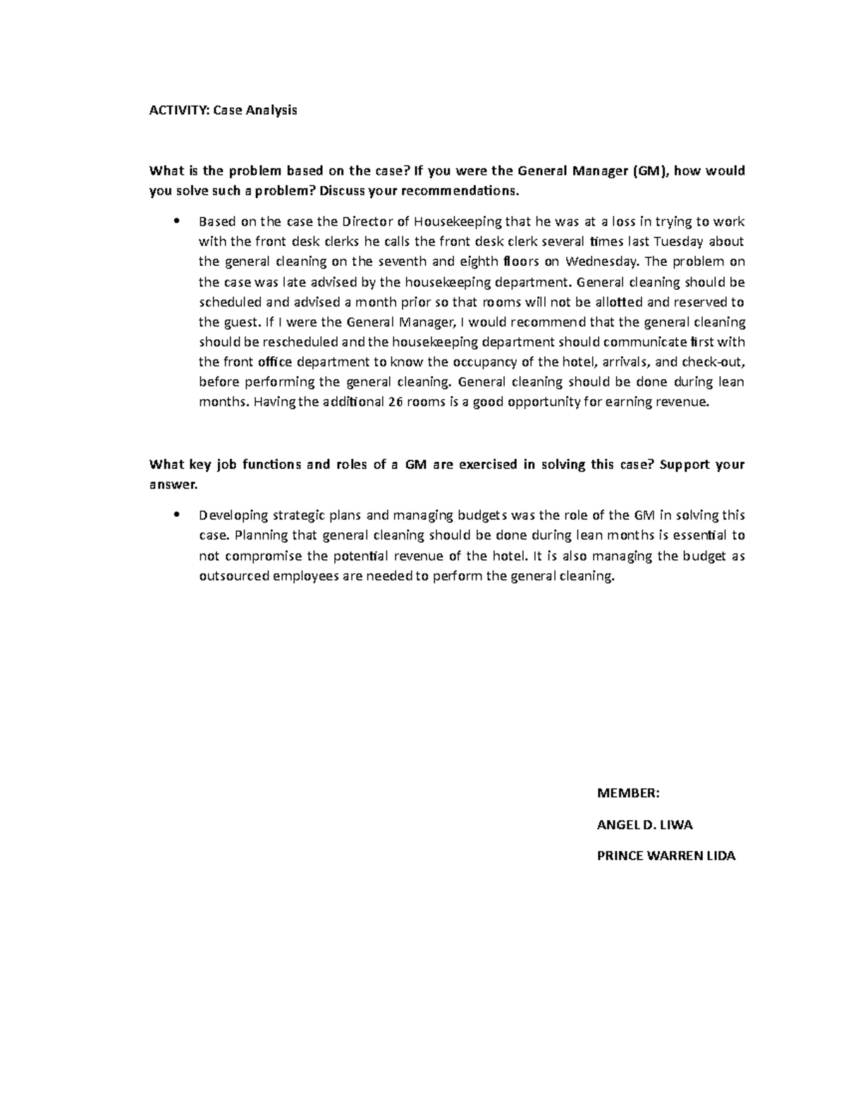 CASE Analysis- Fundamental- Lodging - ACTIVITY: Case Analysis What is ...