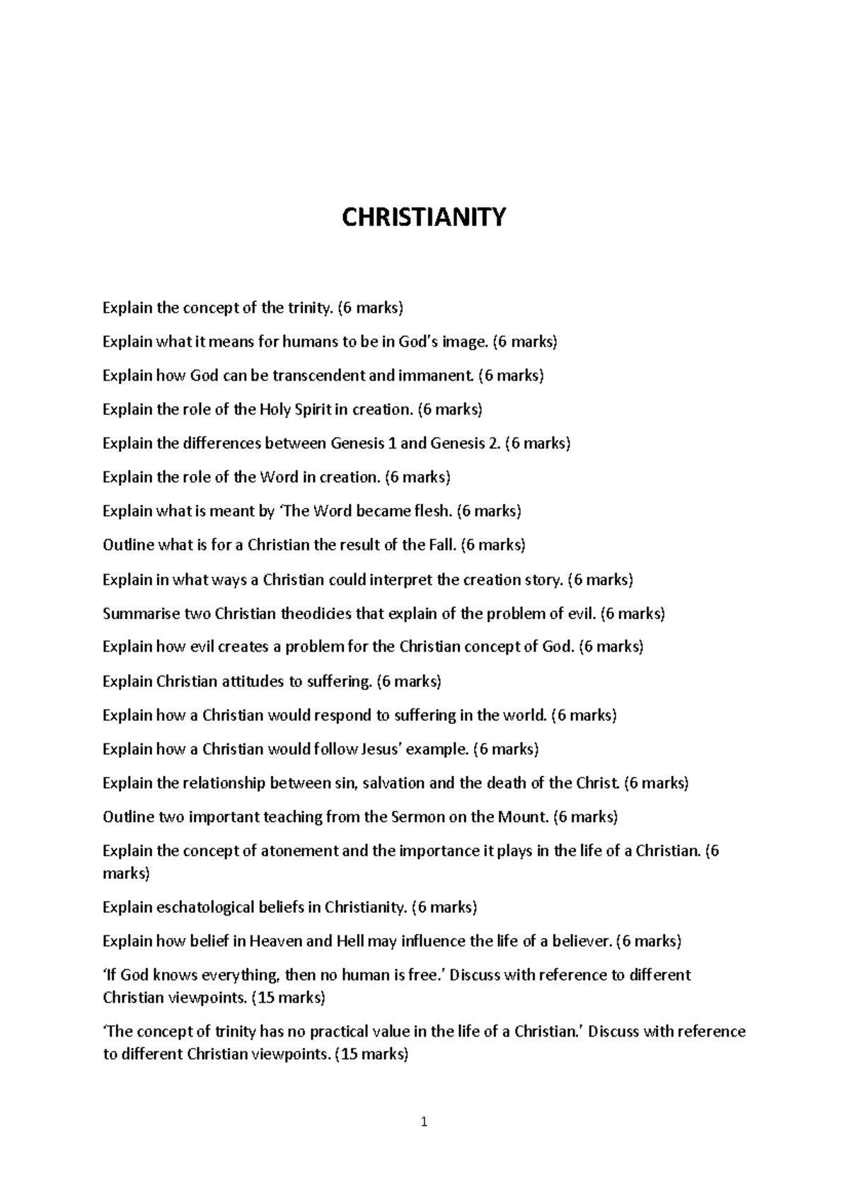 Christianity Revision Questions - CHRISTIANITY Explain the concept of ...