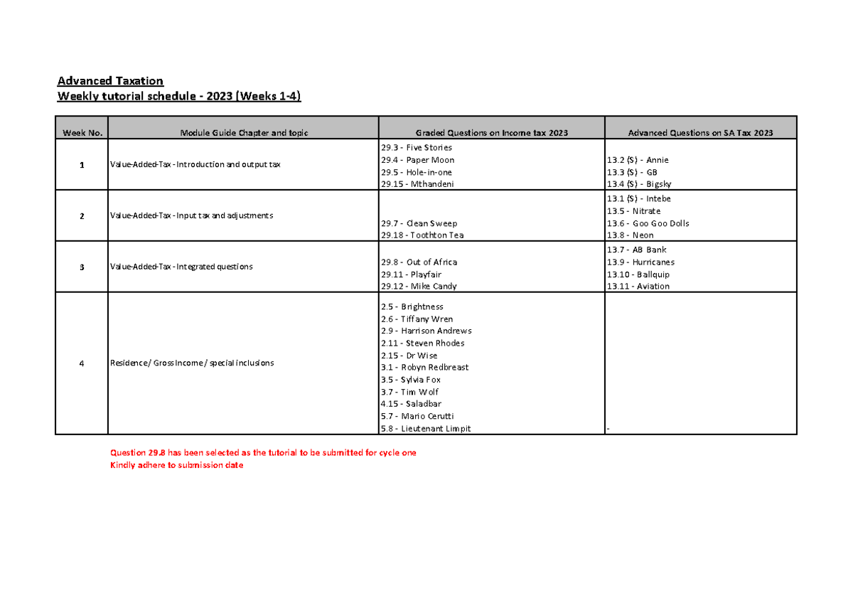 Tutorial schedule 2023 - Advanced Taxation Weekly tutorial schedule ...