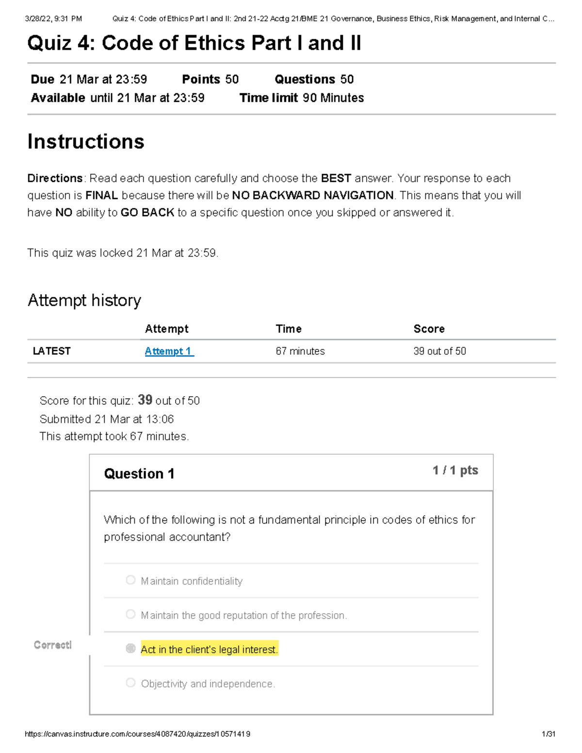 Quiz 4 Code of Ethics Part I and II 2nd 21 22 Acctg 21 BME 21 ...