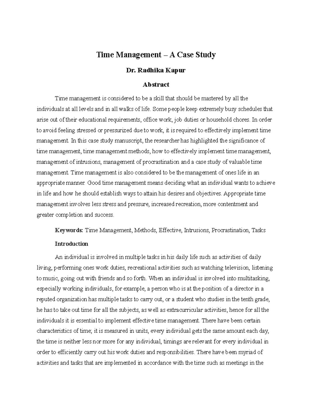Time Management - Radhika Kapur Abstract Time management is considered ...