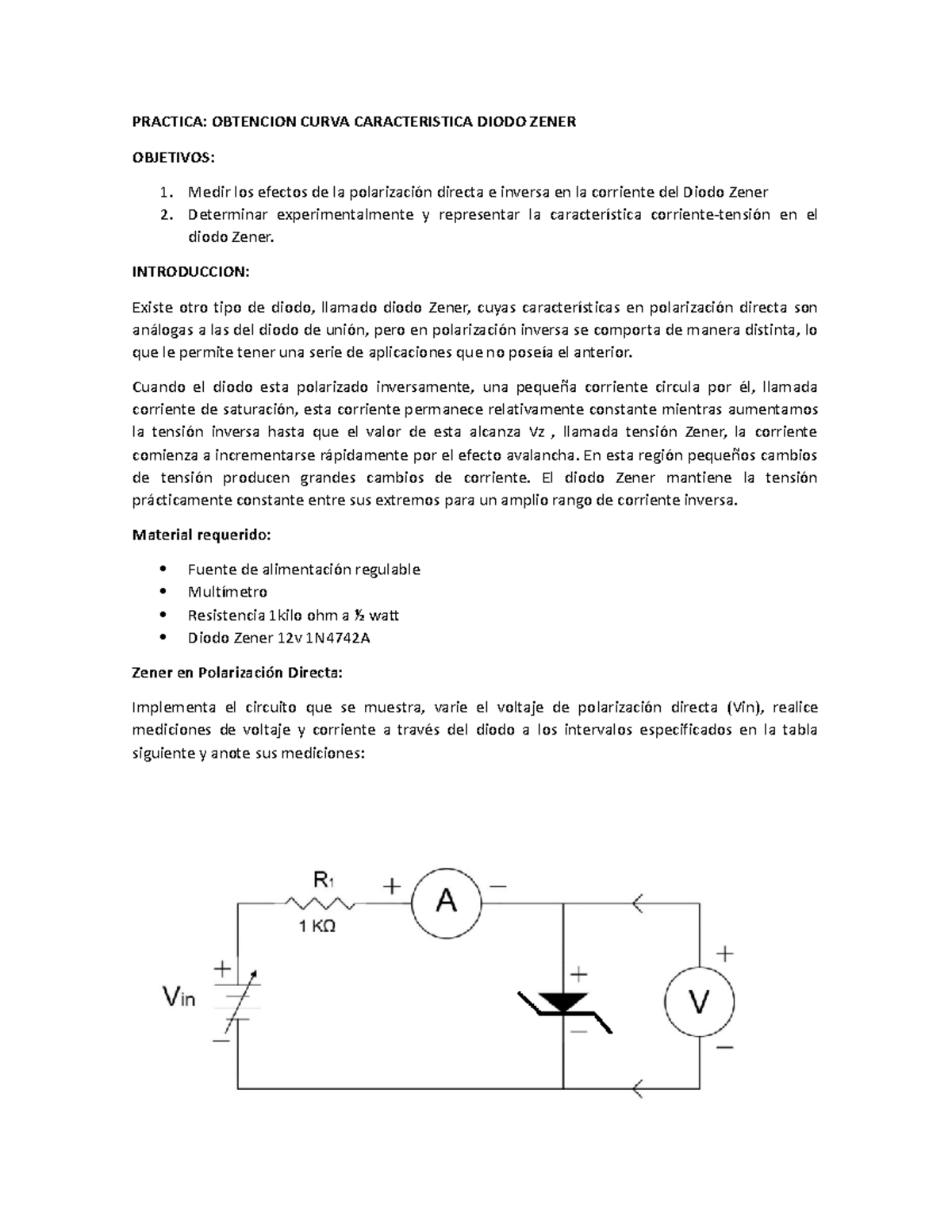 Practica Curva Diodo Zener - PRACTICA: OBTENCION CURVA CARACTERISTICA DIODO ZENER OBJETIVOS ...