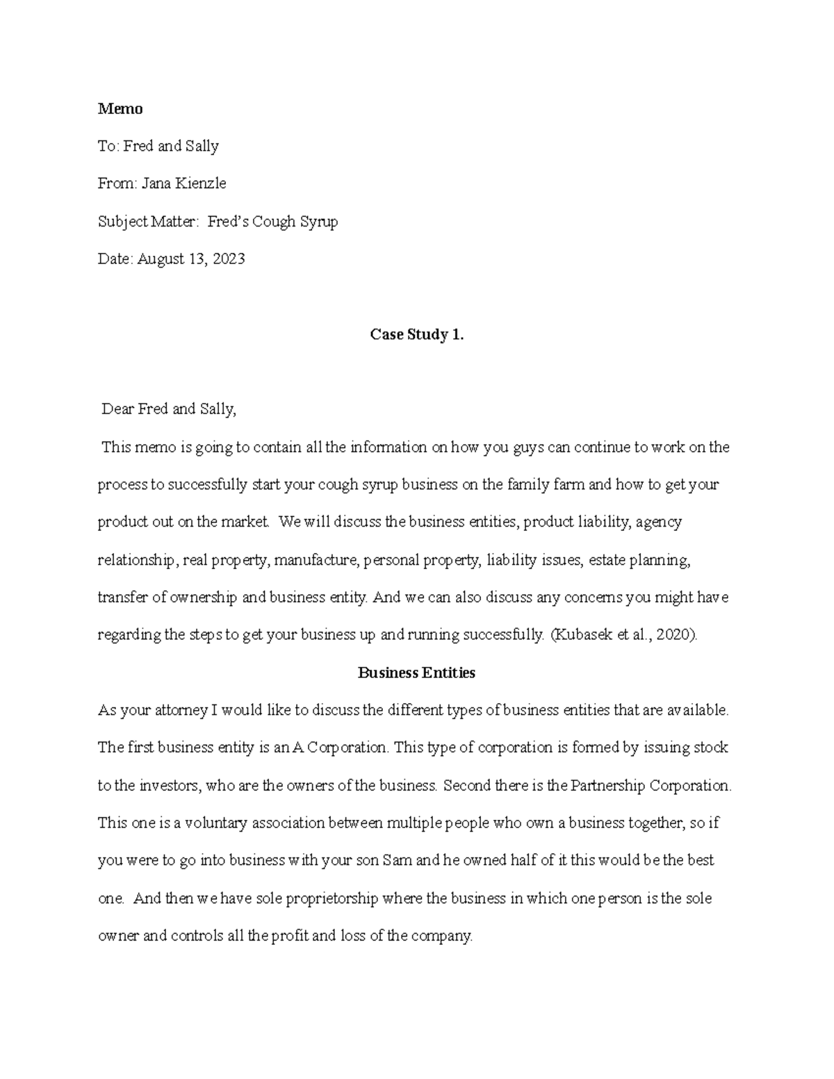 Week 7 Case study 1 - Week 7 part 1 porject - Memo To: Fred and Sally ...