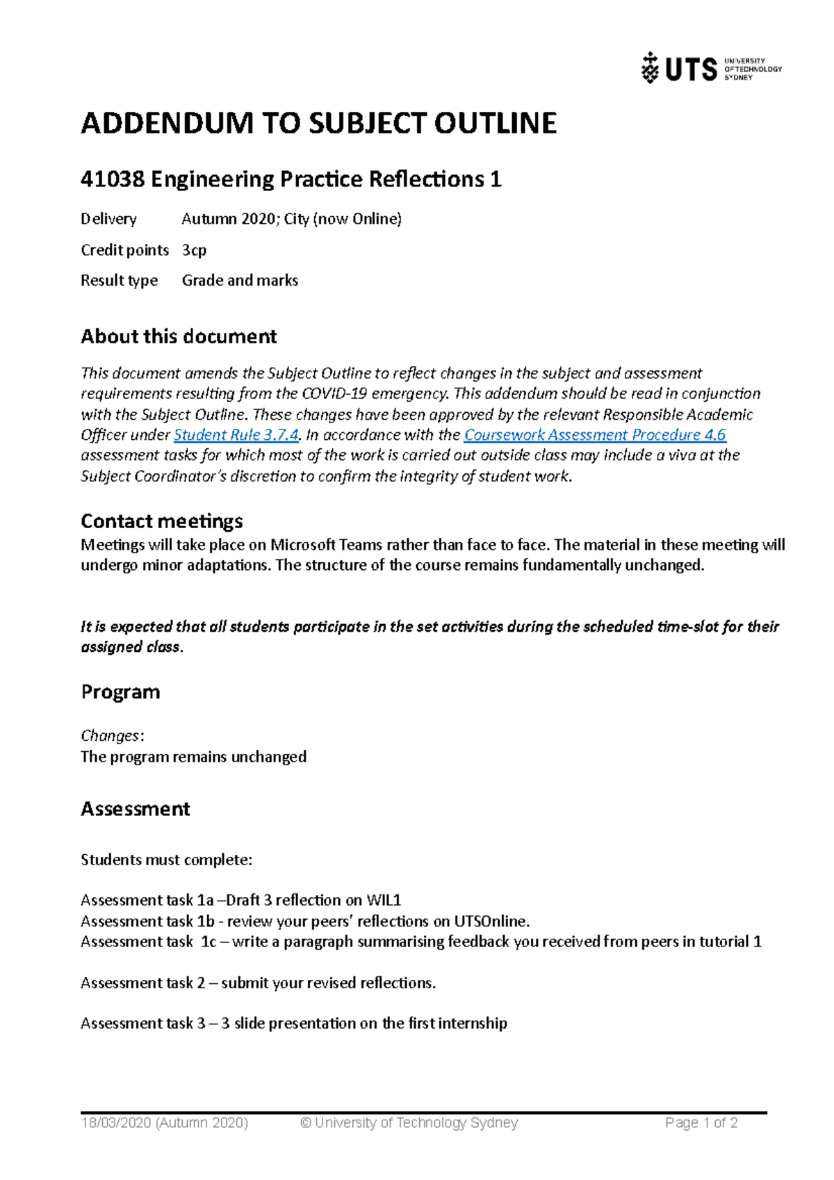 Subject Outline 41038 Addendum Template AUT 2020 - ADDENDUM TO SUBJECT ...