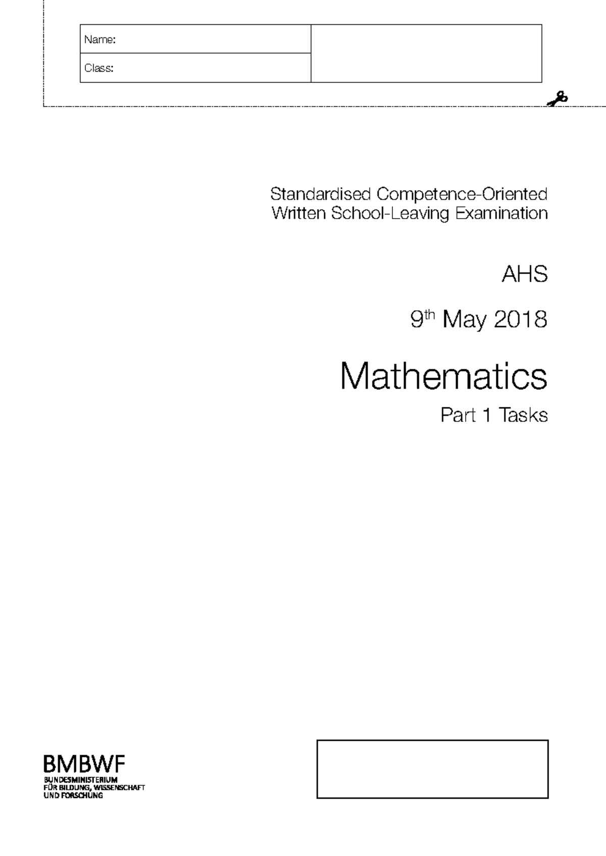 KL18 PT1 AHS MAT T1 EN AU - математика - AHS 9 th May 2018 Mathematics ...