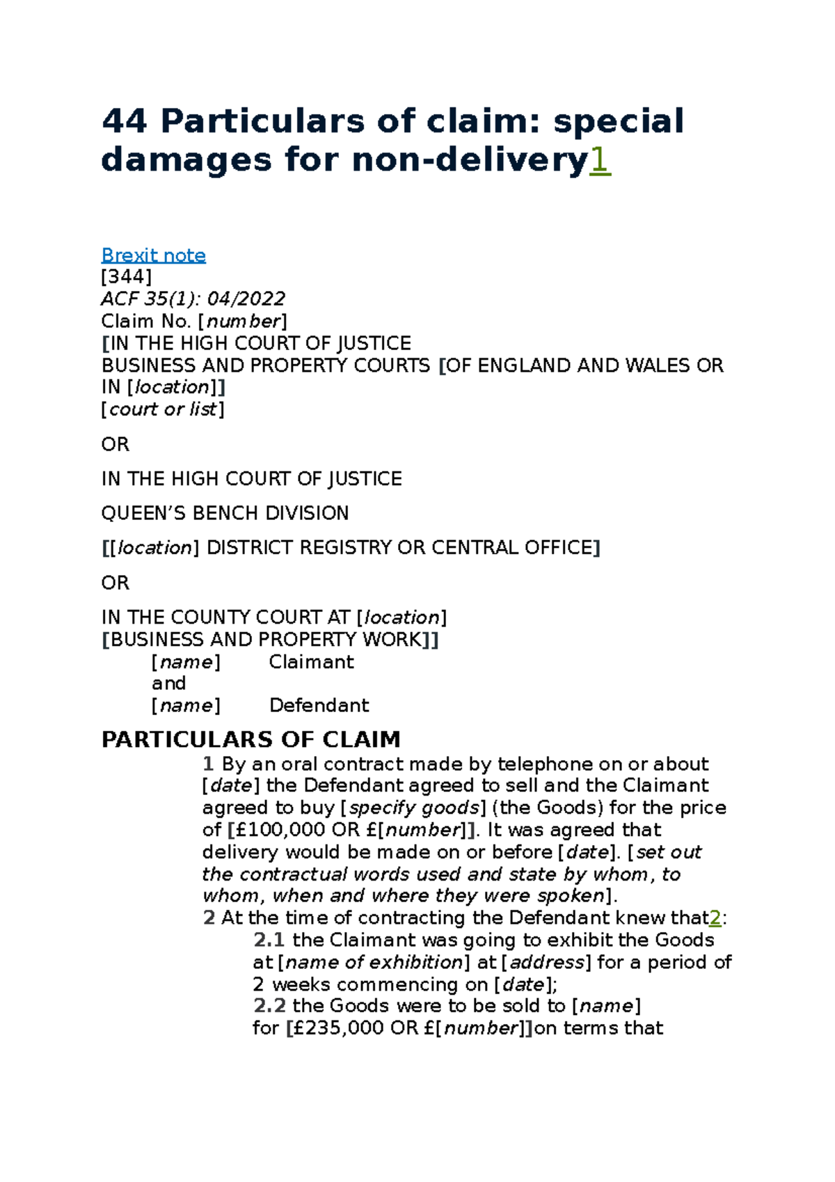 Drafting print - 44 Particulars of claim: special damages for non ...
