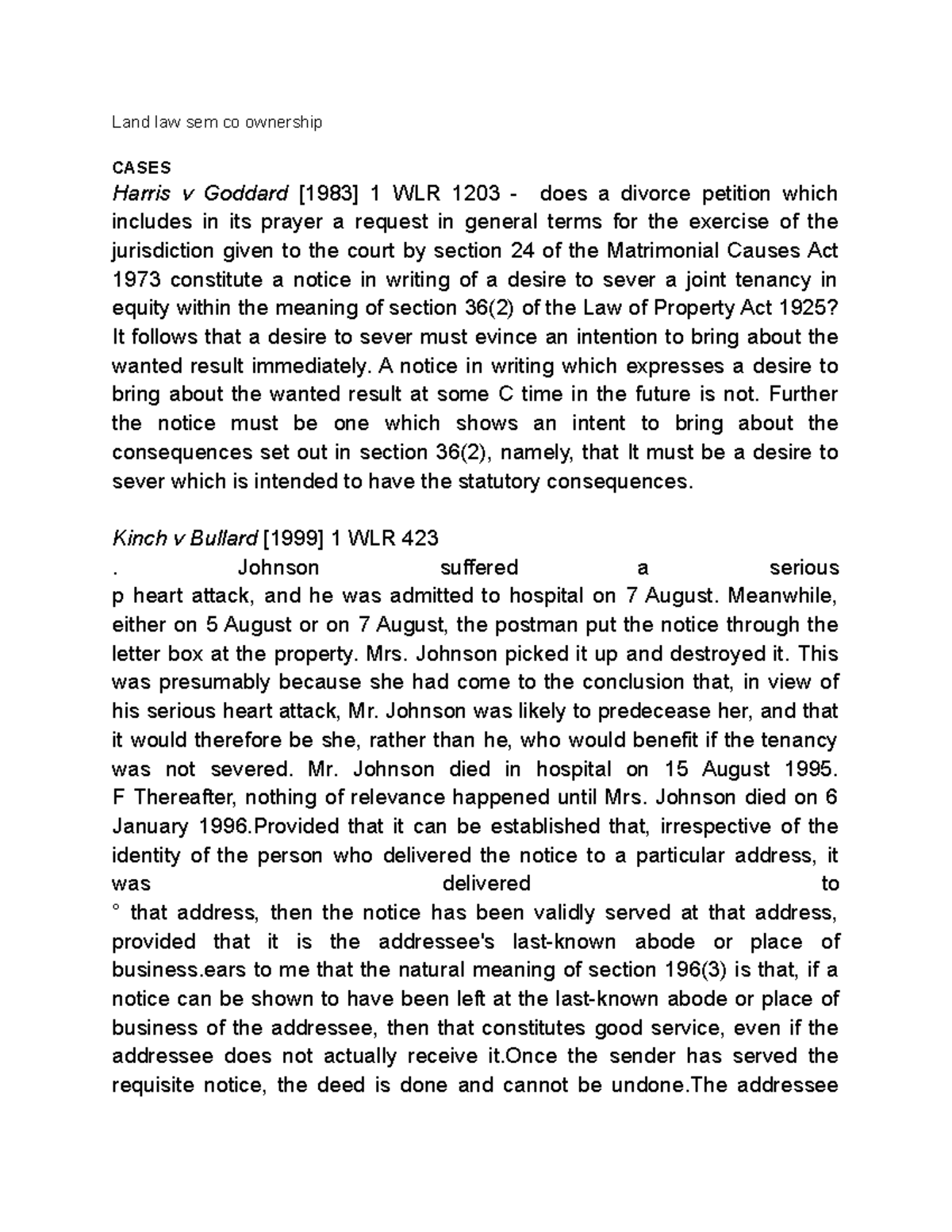 Land law sem co ownership - Land law sem co ownership CASES Harris v ...