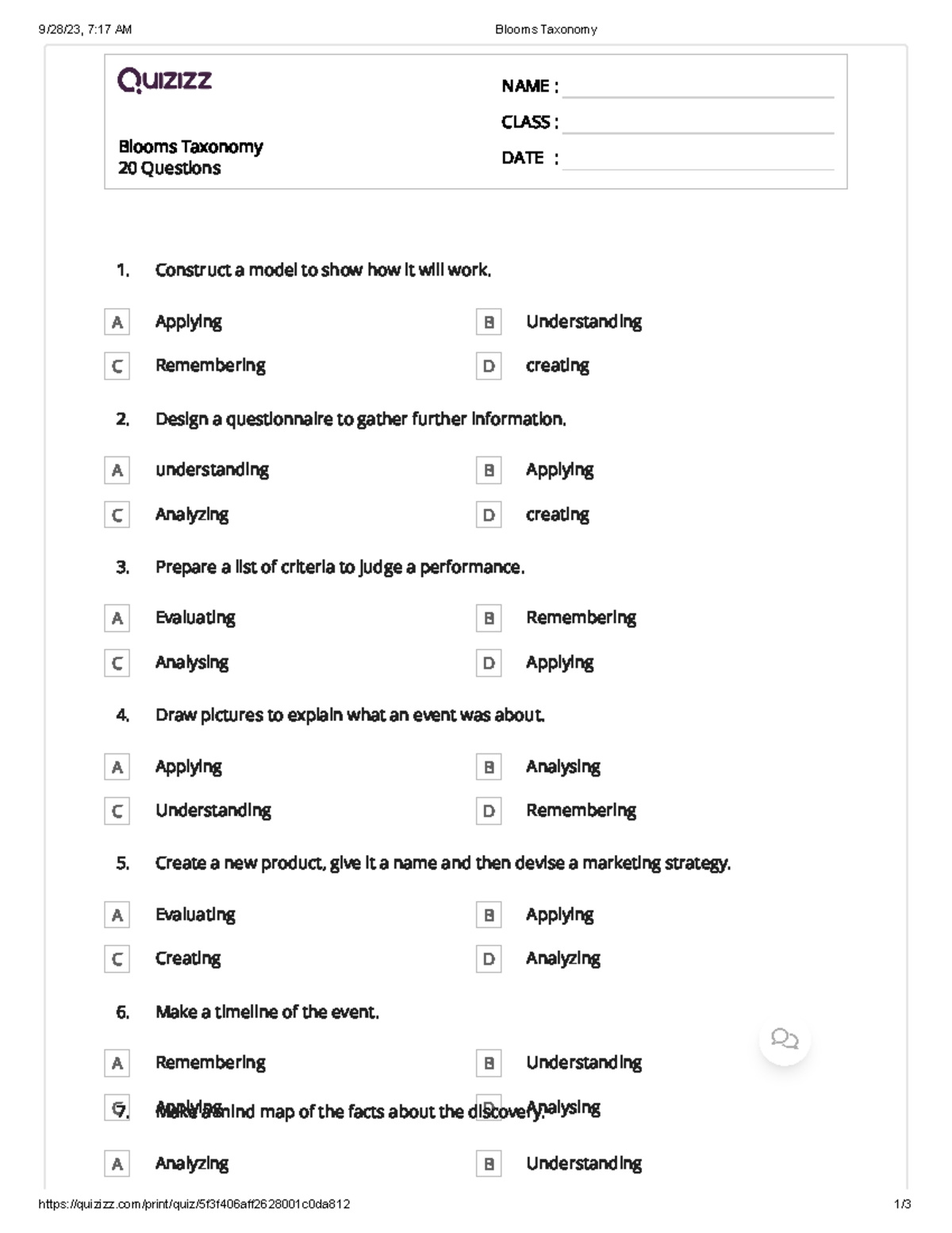 Blooms Taxonomy - 9/28/23, 7:17 AM Blooms Taxonomy quizizz/print/quiz ...