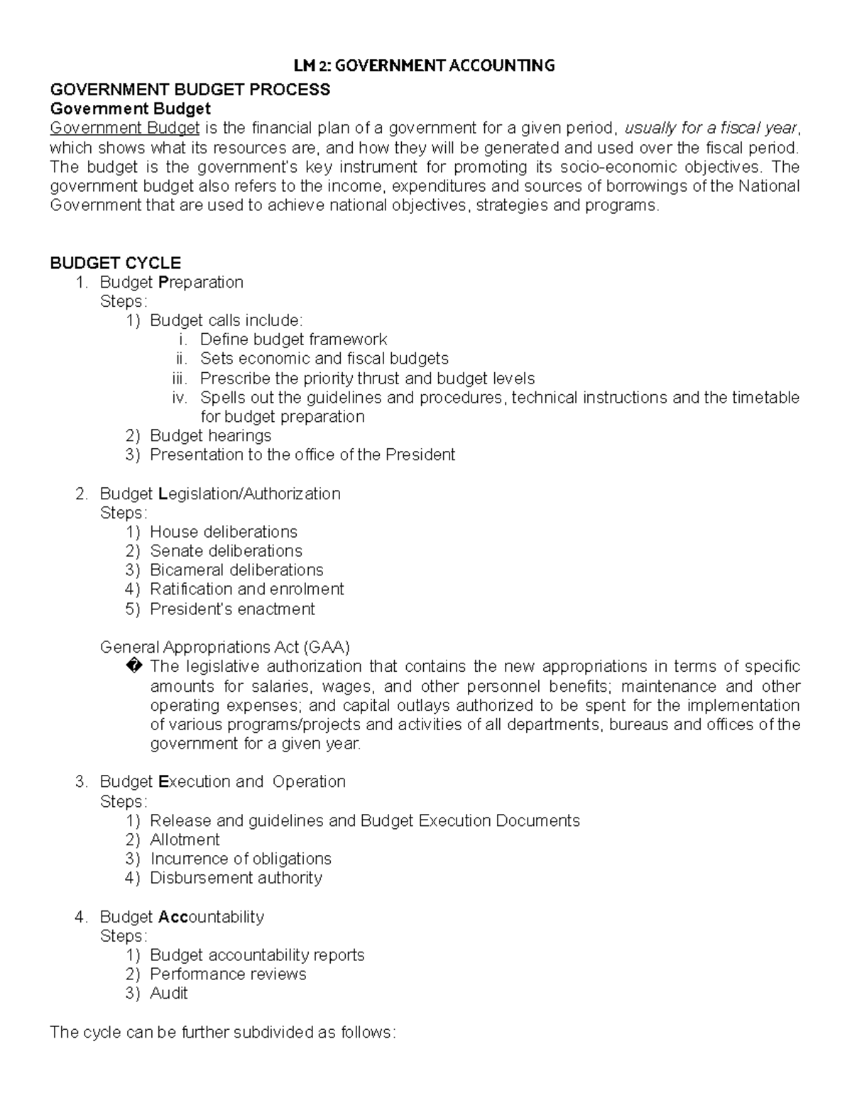LM 2 Government Accounting - GOVERNMENT BUDGET PROCESS Government ...