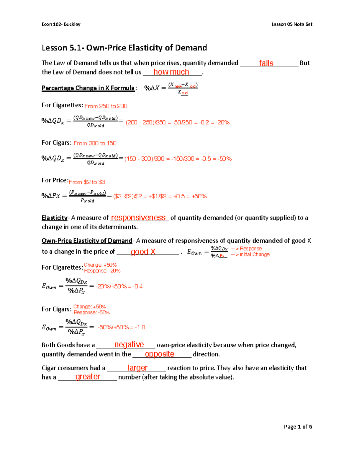 Econ 102 (Intro Micro) Lesson 05 Note Set - Lesson 5- Own-Price ...