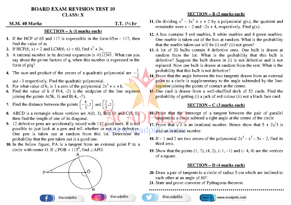 Math revision test papers 10 - BOARD EXAM REVISION TEST 10 CLASS: X M ...