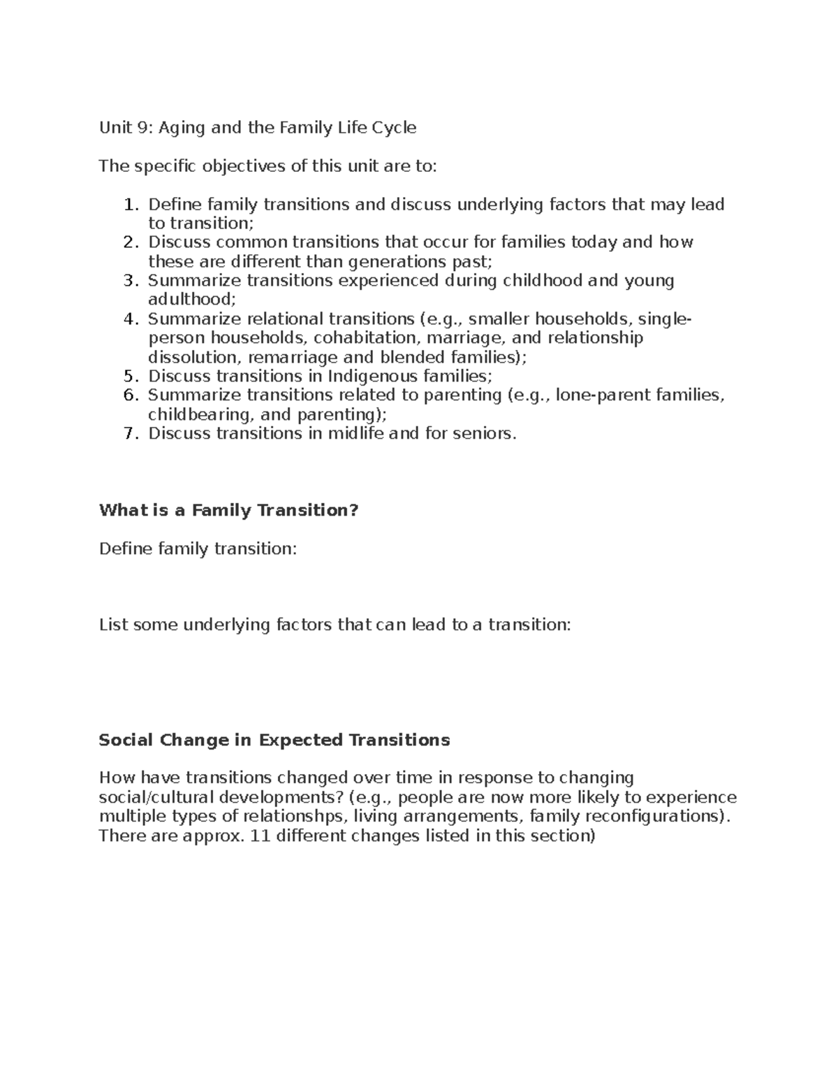 Unit 9 Notes - frhd 1020 - Unit 9: Aging and the Family Life Cycle The ...