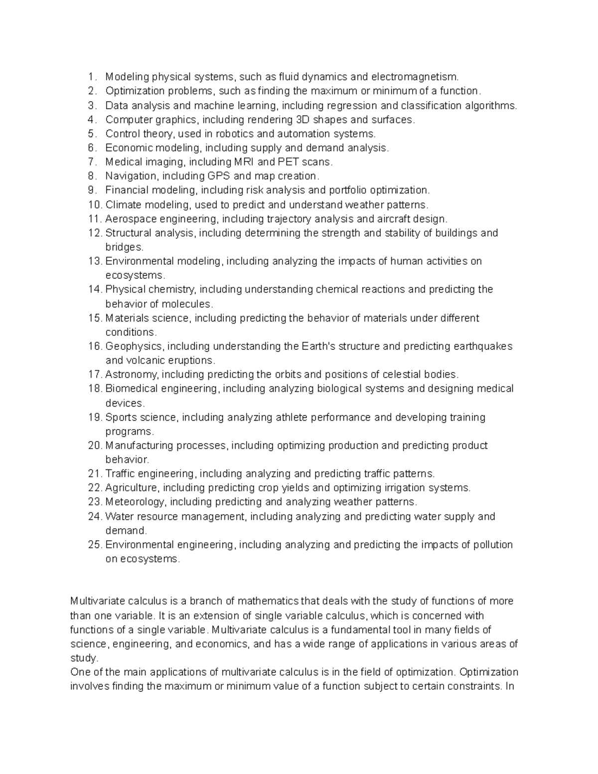 Applications of Multivariate Calculus - Modeling physical systems, such ...