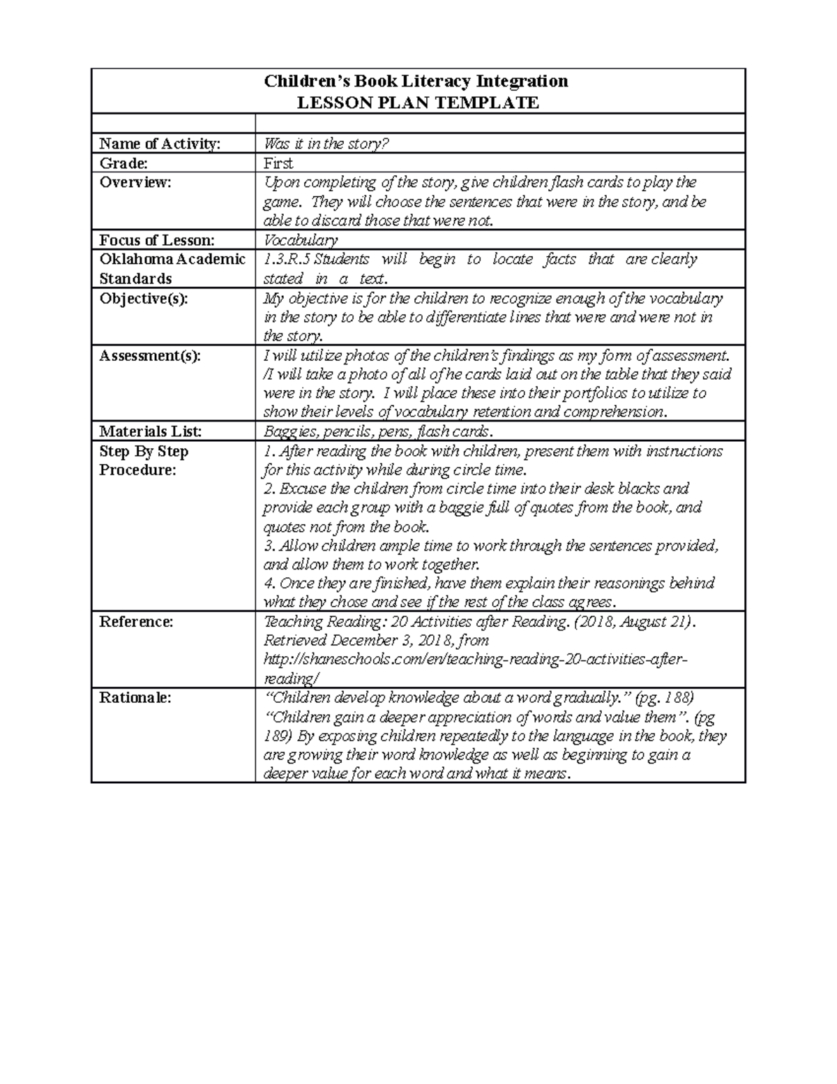 Childrens Book Literacy Integration Lesson 4 - Children’s Book Literacy ...