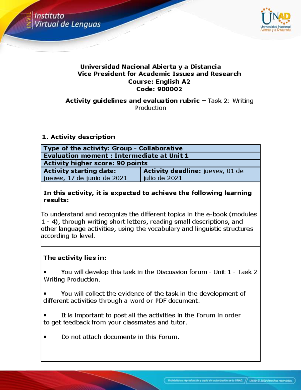 Activity guide and evaluation rubric - Unit 1 - Task 2 - Writing ...