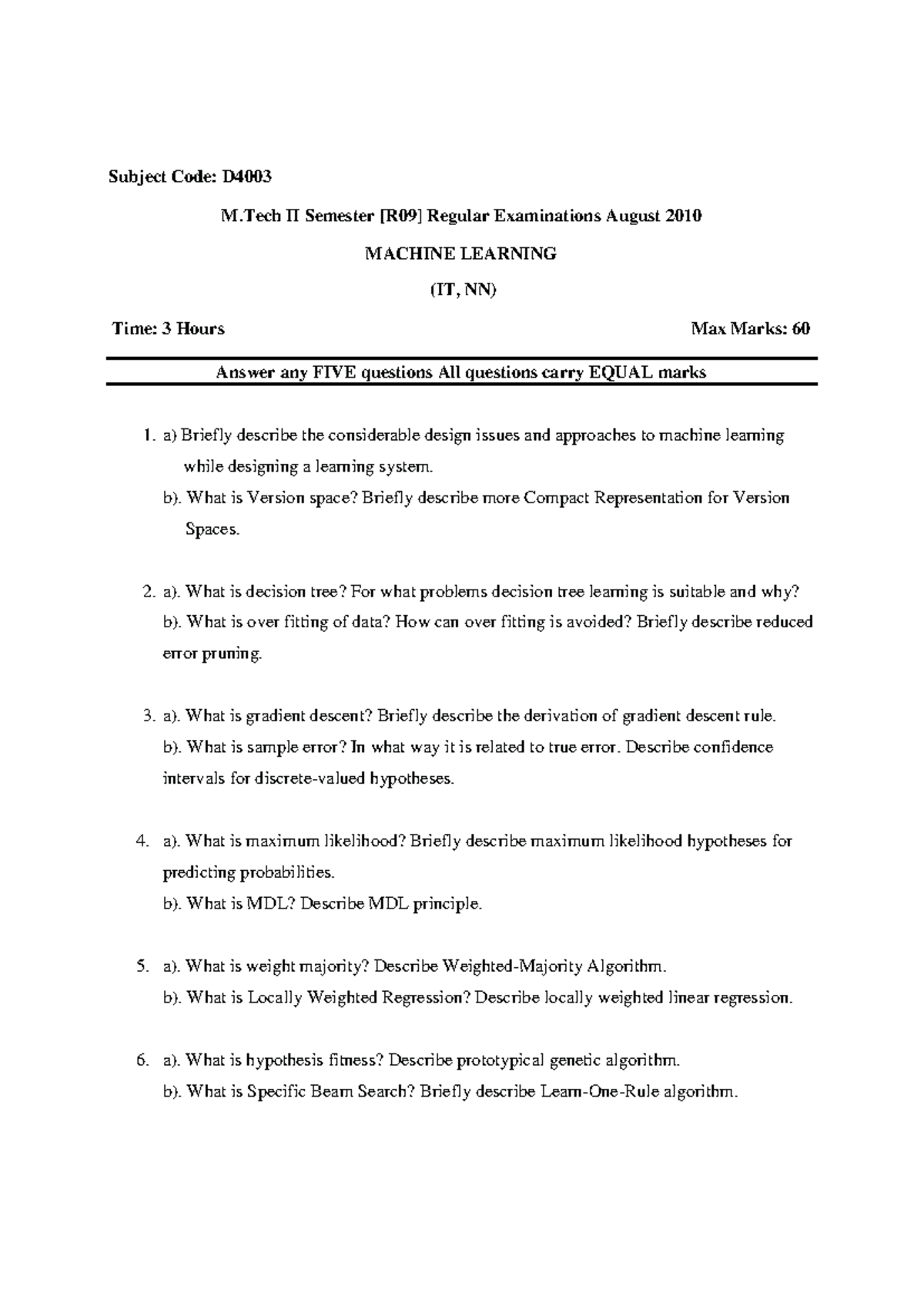 Machine learning - Subject Code: D M II Semester [R09] Regular ...