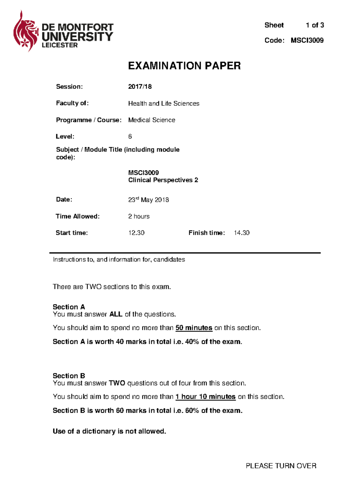 MSCI3009 - exam - Sheet 1 of 3 Code: MSCI PLEASE TURN OVER EXAMINATION ...