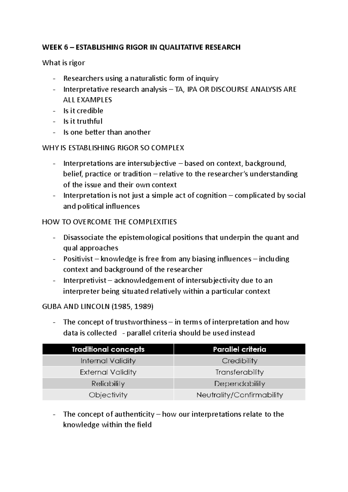WEEK 6 - week 6 - WEEK 6 – ESTABLISHING RIGOR IN QUALITATIVE RESEARCH ...