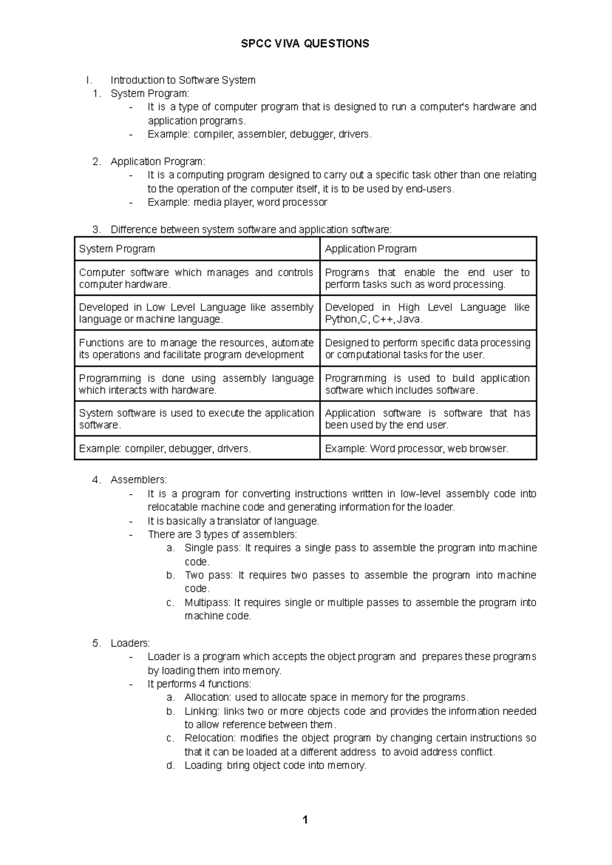 SPCC VIVA Questions - SPCC VIVA QUESTIONS I. Introduction to Software System 1. System Program ...