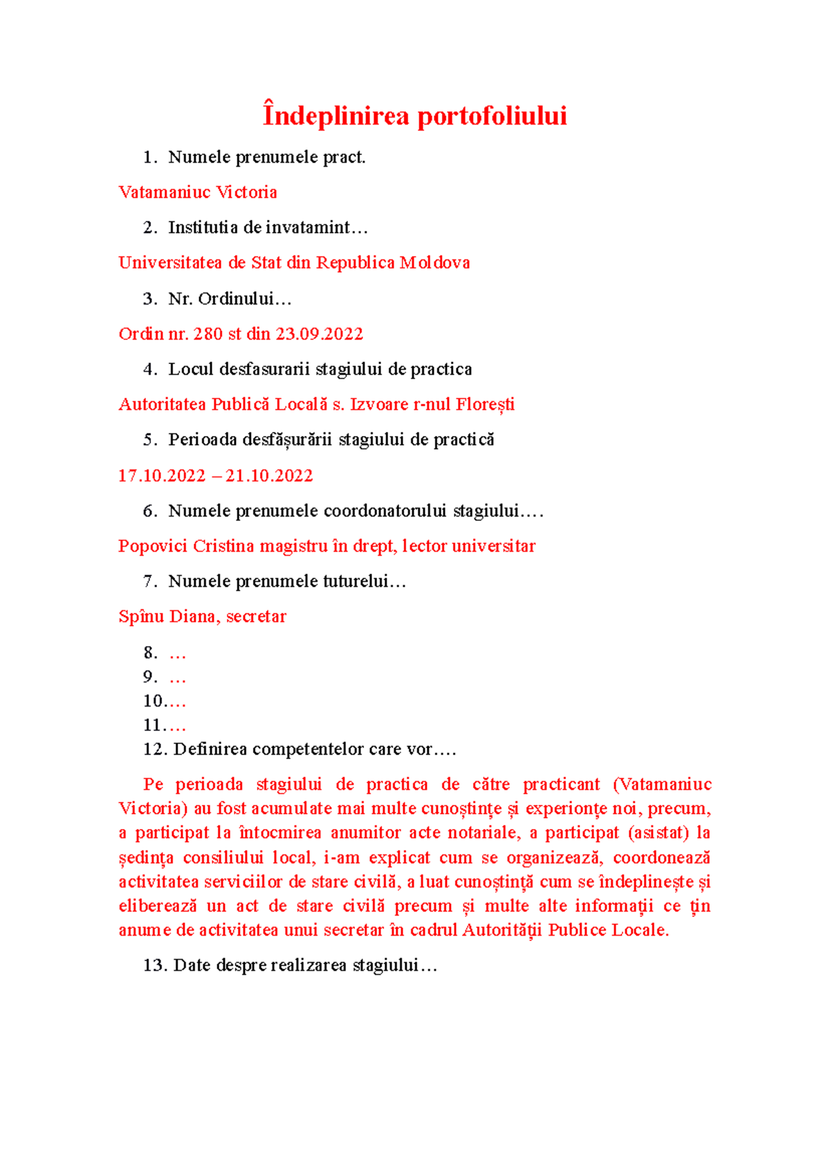 Îndeplinirea portofoliului - Îndeplinirea portofoliului Numele ...