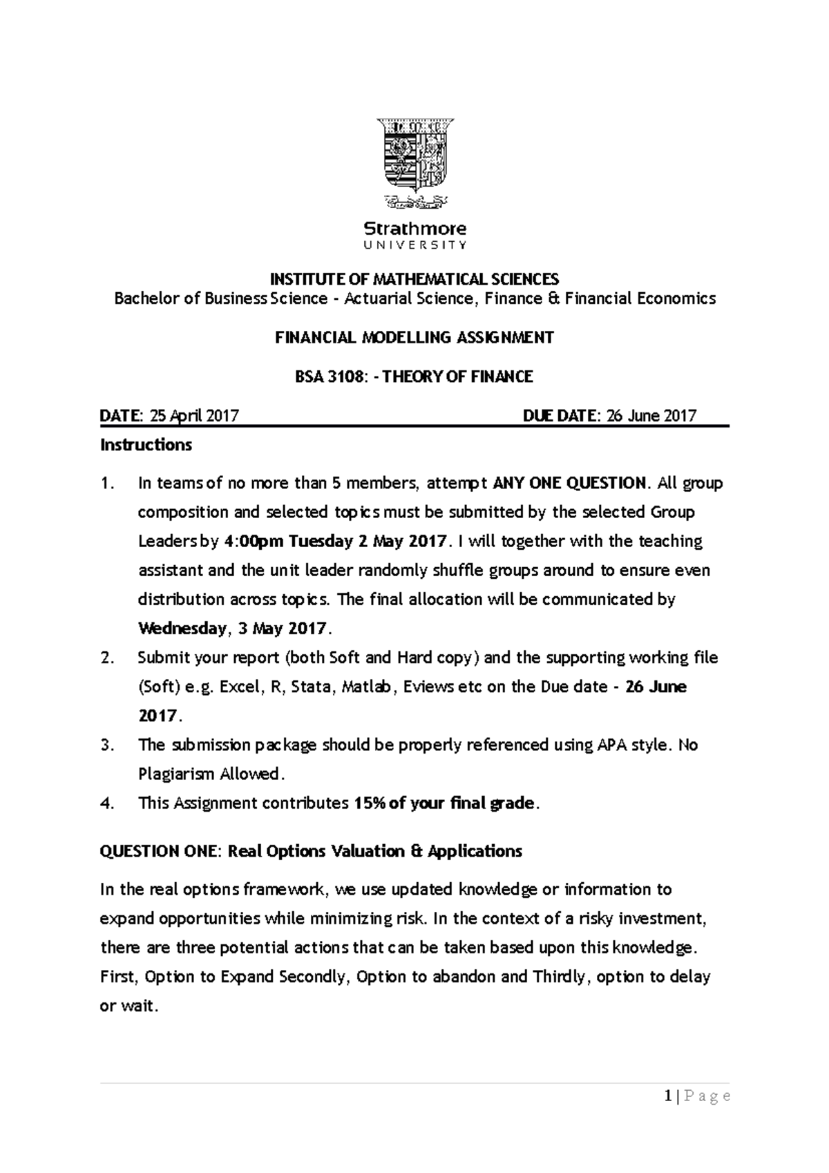 17042017 Theory of finance Group Assignment - INSTITUTE OF MATHEMATICAL ...