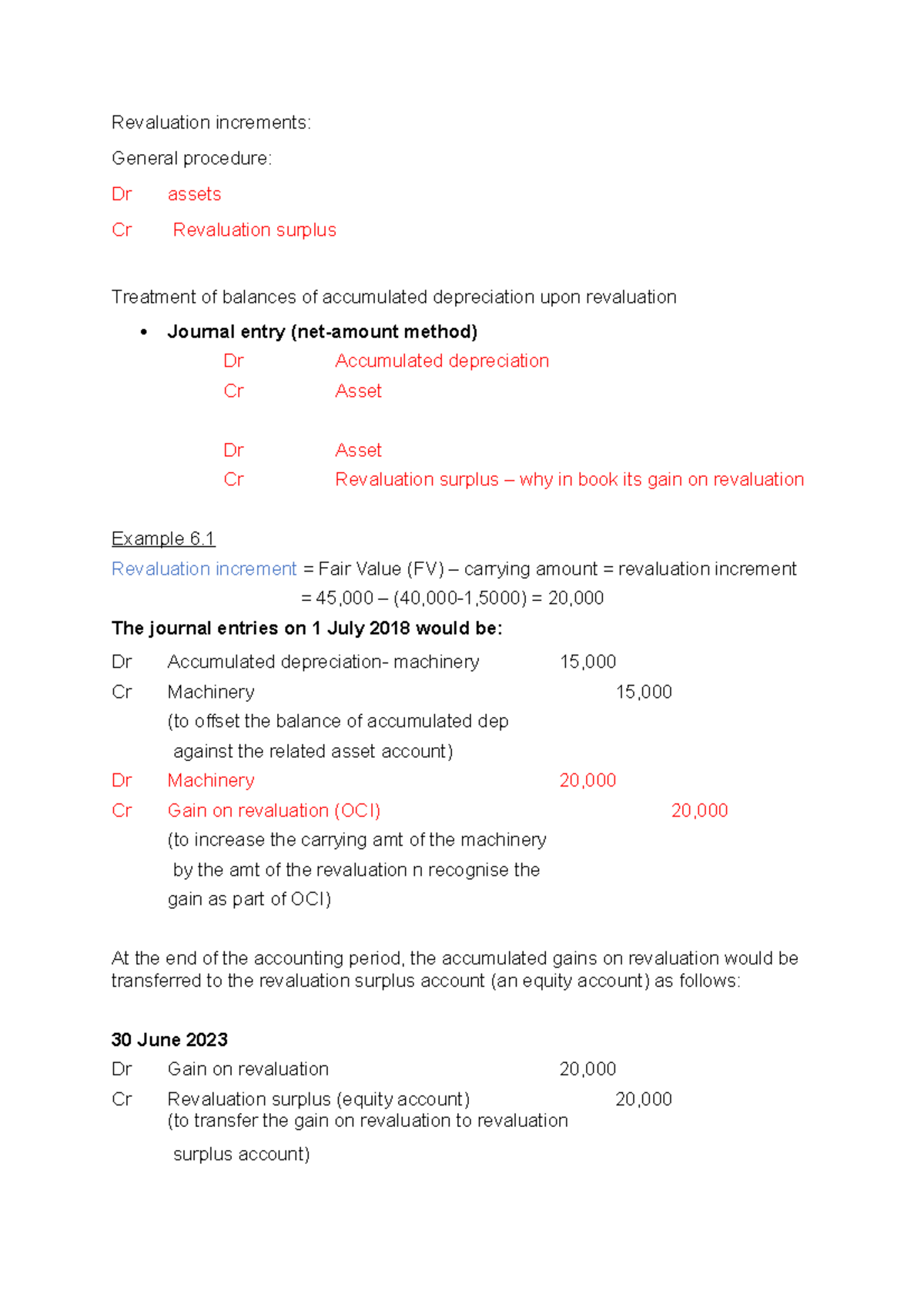 WEEK 2 Notes - wk 2 - Revaluation increments: General procedure: Dr ...