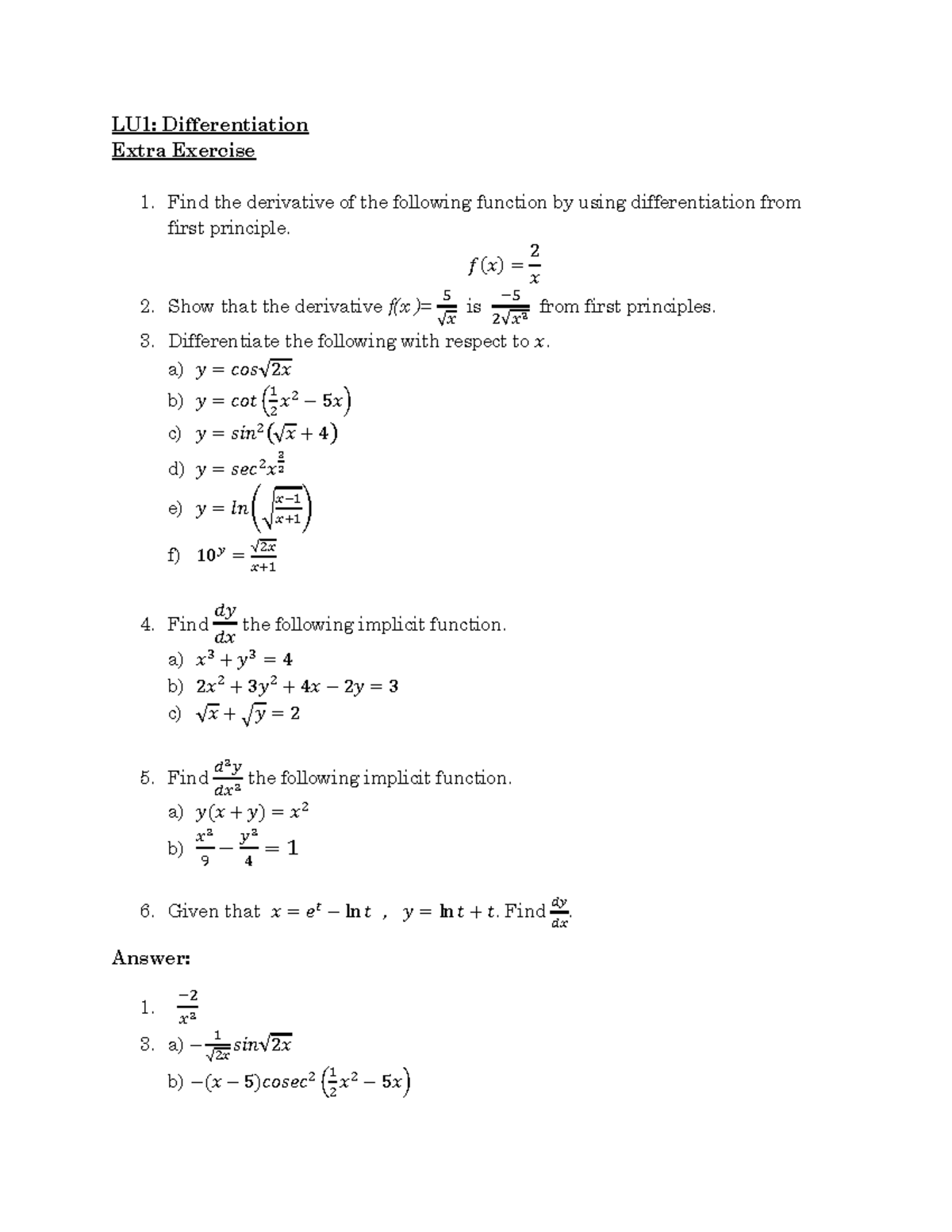 Extra Exercise LU1 - LU1: Differentiation Extra Exercise Find the ...