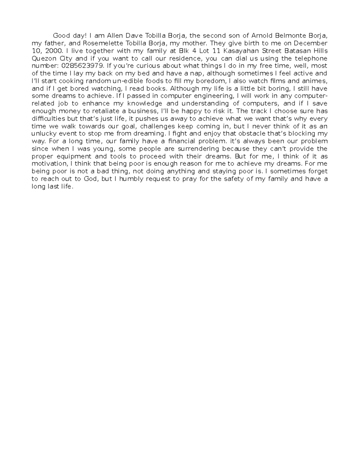 Assingment no 1 - assignment - Good day! I am Allen Dave Tobilla Borja ...