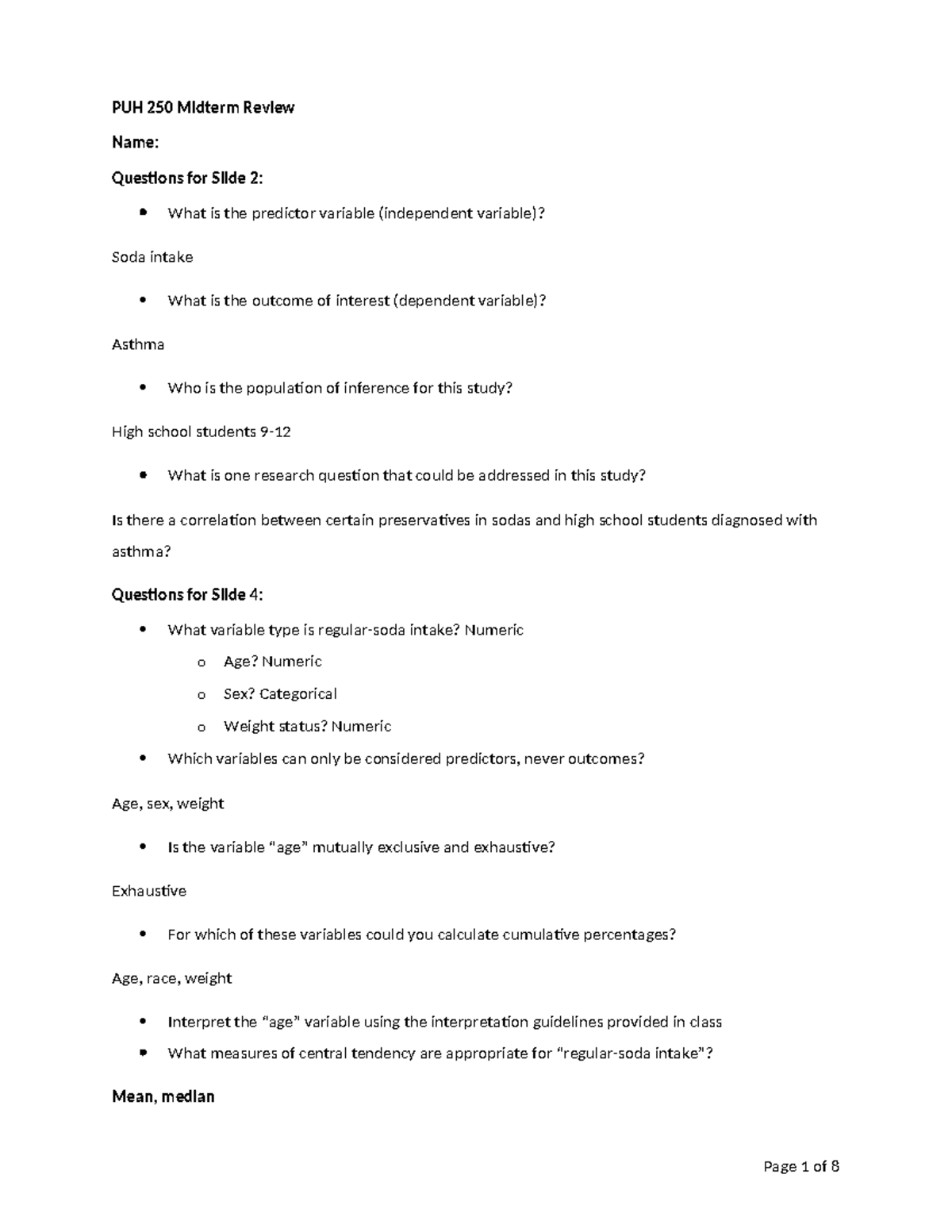 PUH 250 Midterm Practice Worksheet - PUH 250 Midterm Review Name ...