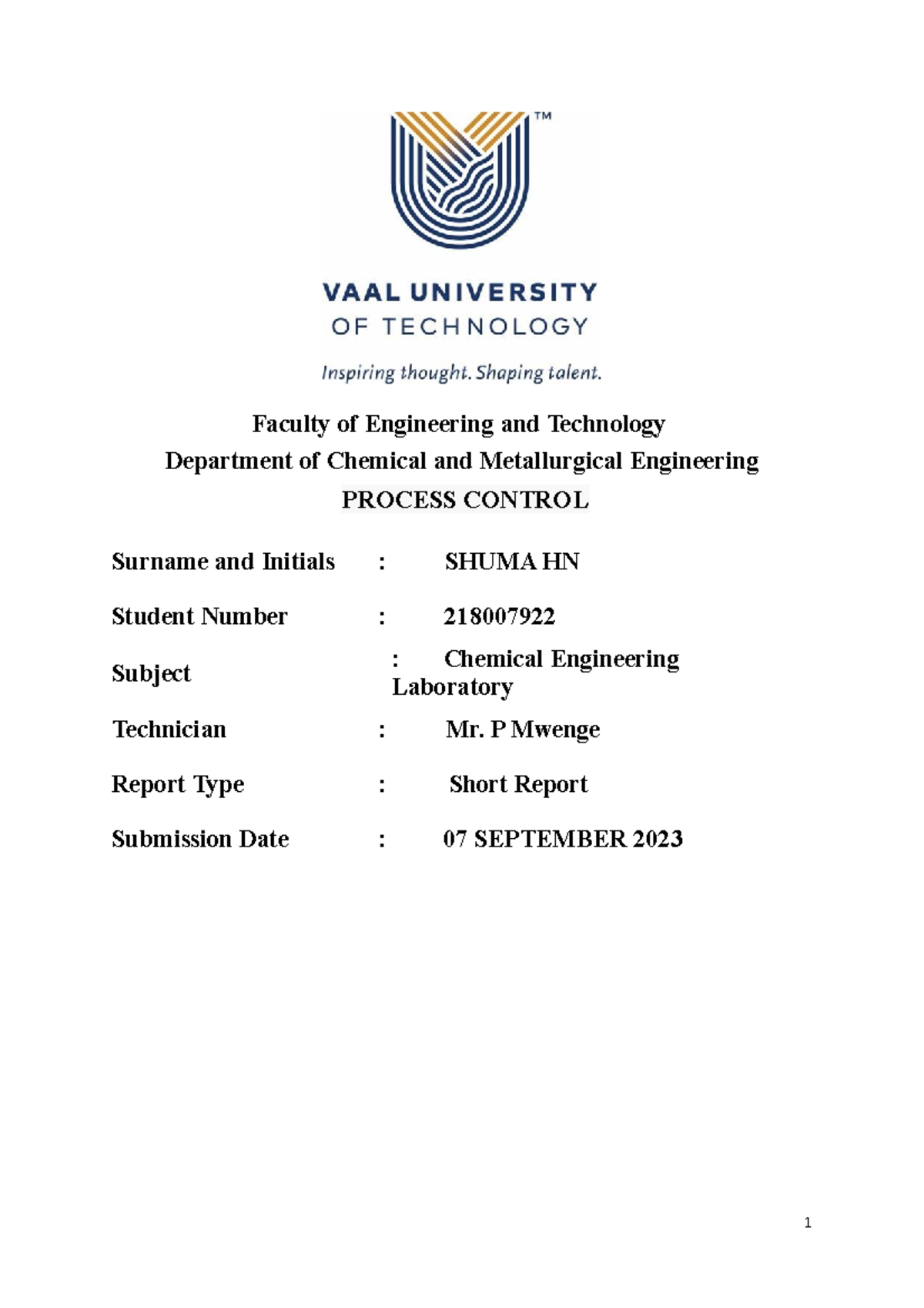 Process Control - Faculty of Engineering and Technology Department of ...