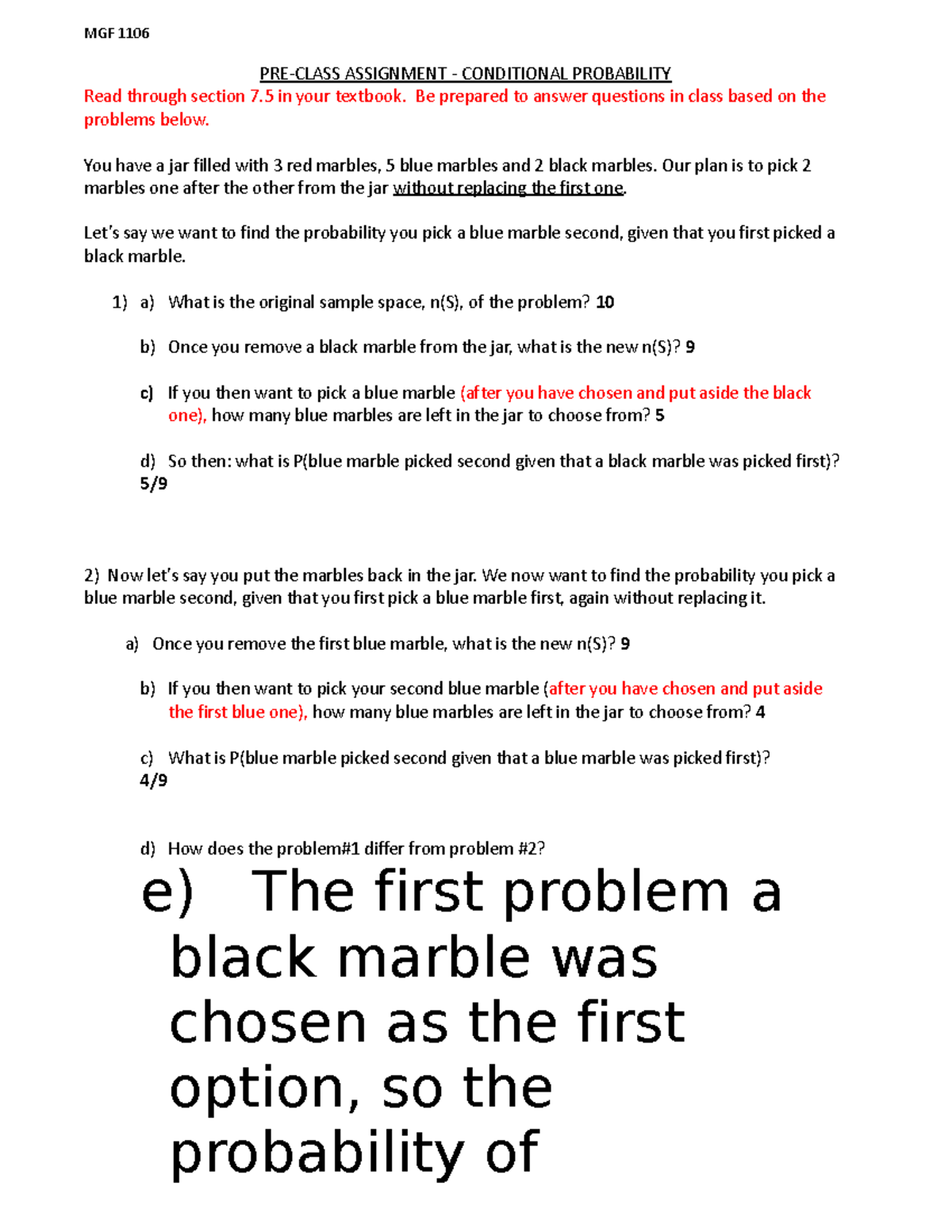 Pre-Class Week 4 (Conditional Probability) Fall - PRE-CLASS ASSIGNMENT - CONDITIONAL PROBABILITY ...