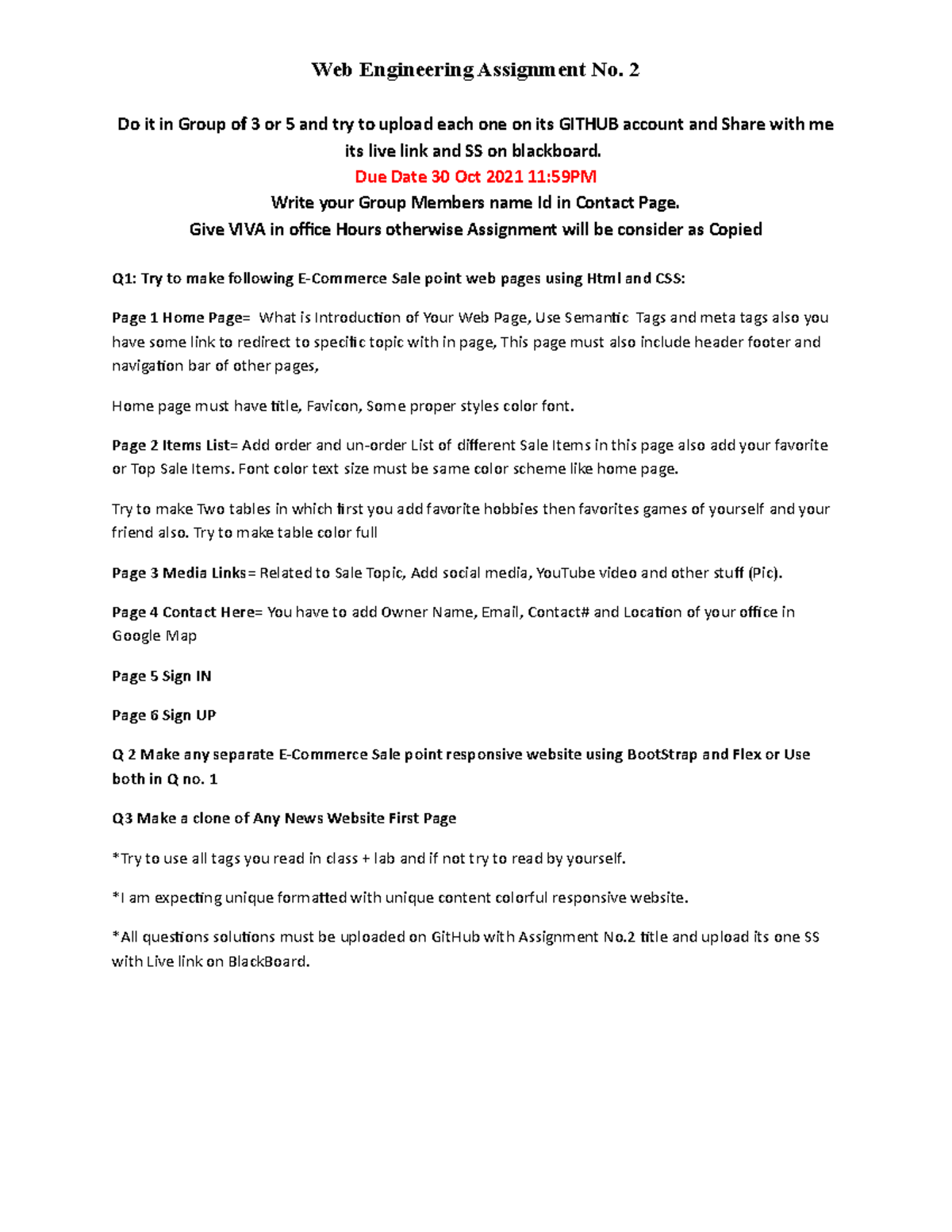 Web Assignment 2 - Web Engineering Assignment No. 2 Do it in Group of 3 ...