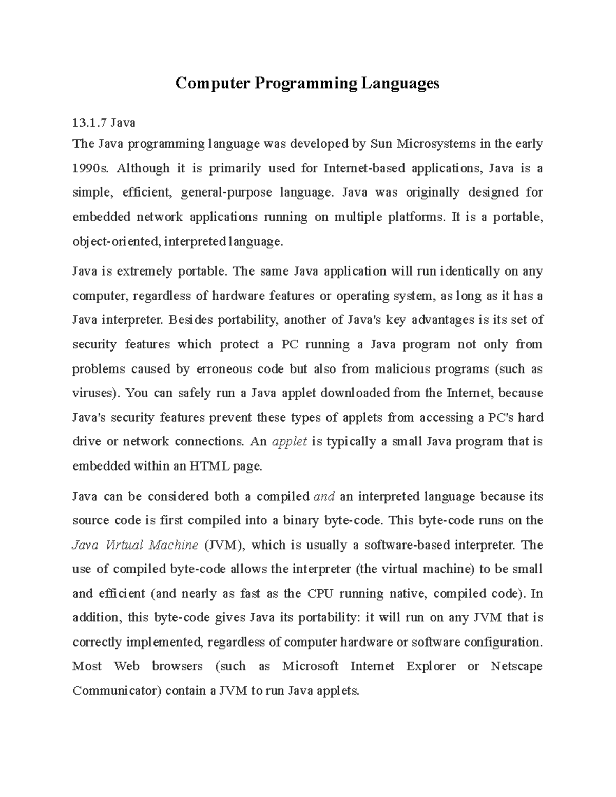 Computer Programming Languages Java Computer Programming Languages 131 Java The Java 