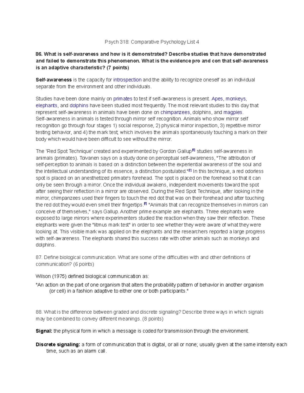 Comparative Psych List 4 - Psych 318: Comparative Psychology List 4 86. What is self-awareness ...