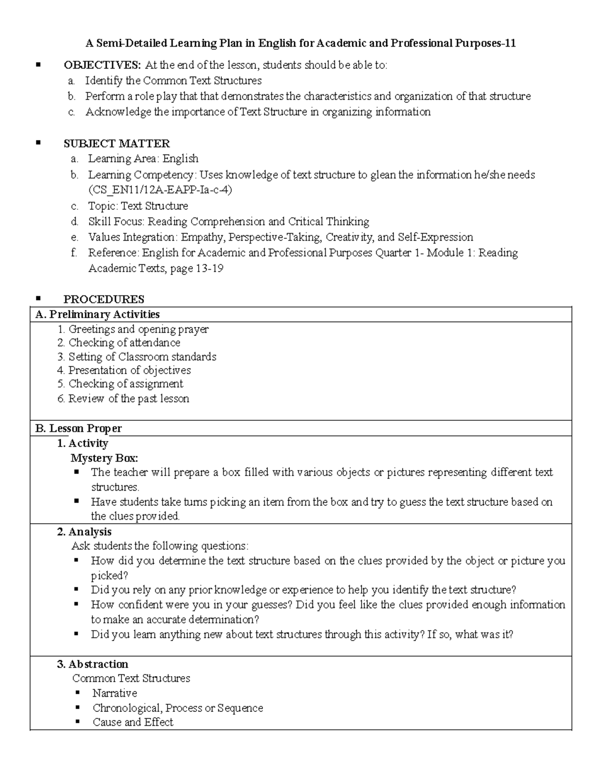 Learning Plan in EAPP Quarter 1 Module 1 Lesson 2 Text Structure - A ...