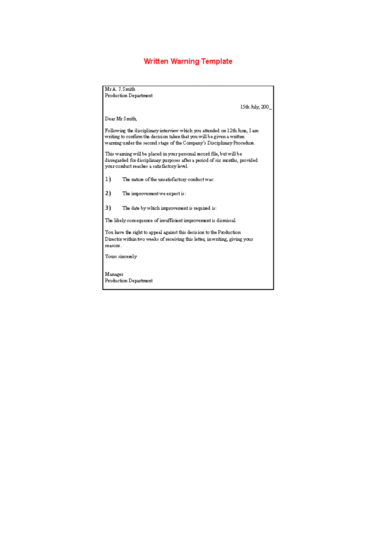 Written Warning Template - J. Smith Production Department 15th July ...