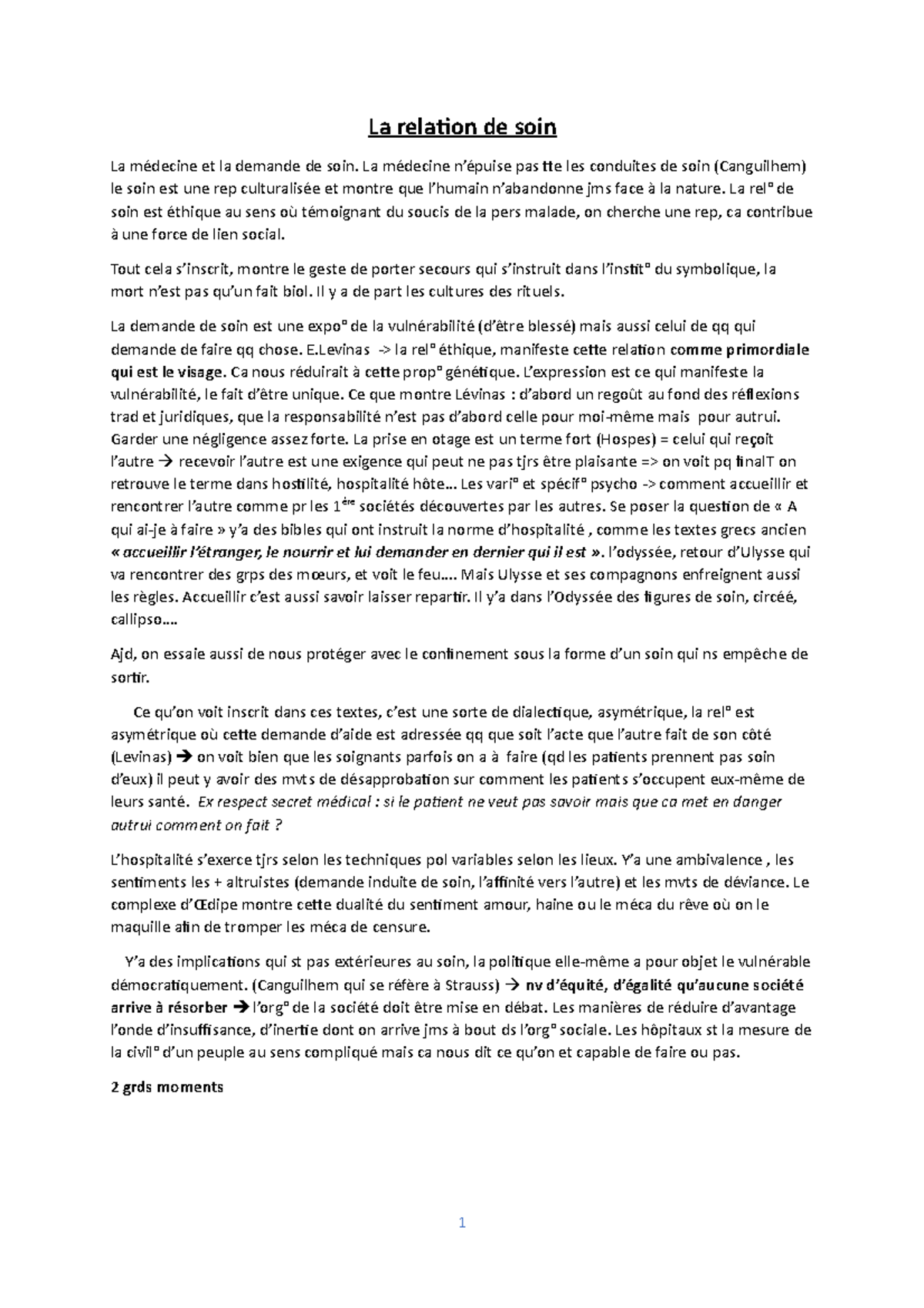 La relation de soin - Notes de cours 6 - La relation de soin La ...