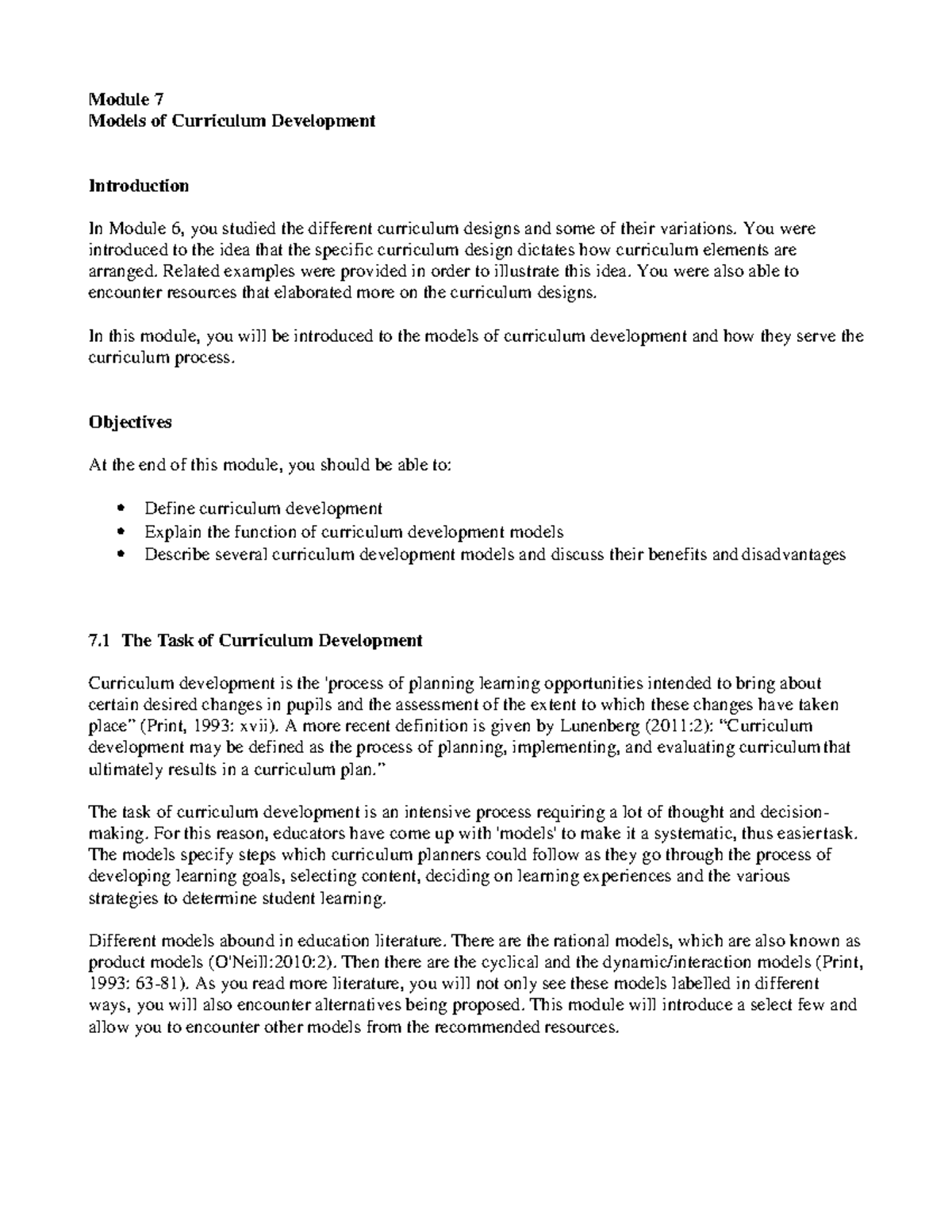 EDUC 103 Module 7 - educ notes 101 - Module 7 Models of Curriculum ...