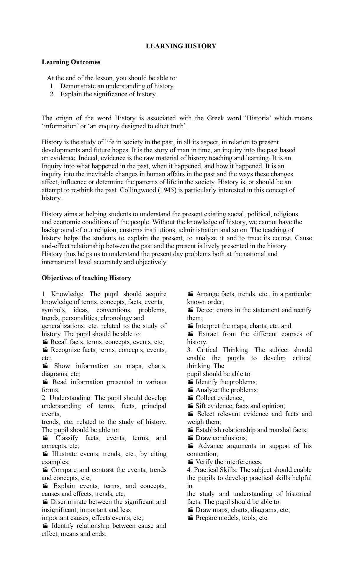 Lesson 1 - Learning History - LEARNING HISTORY Learning Outcomes At the ...