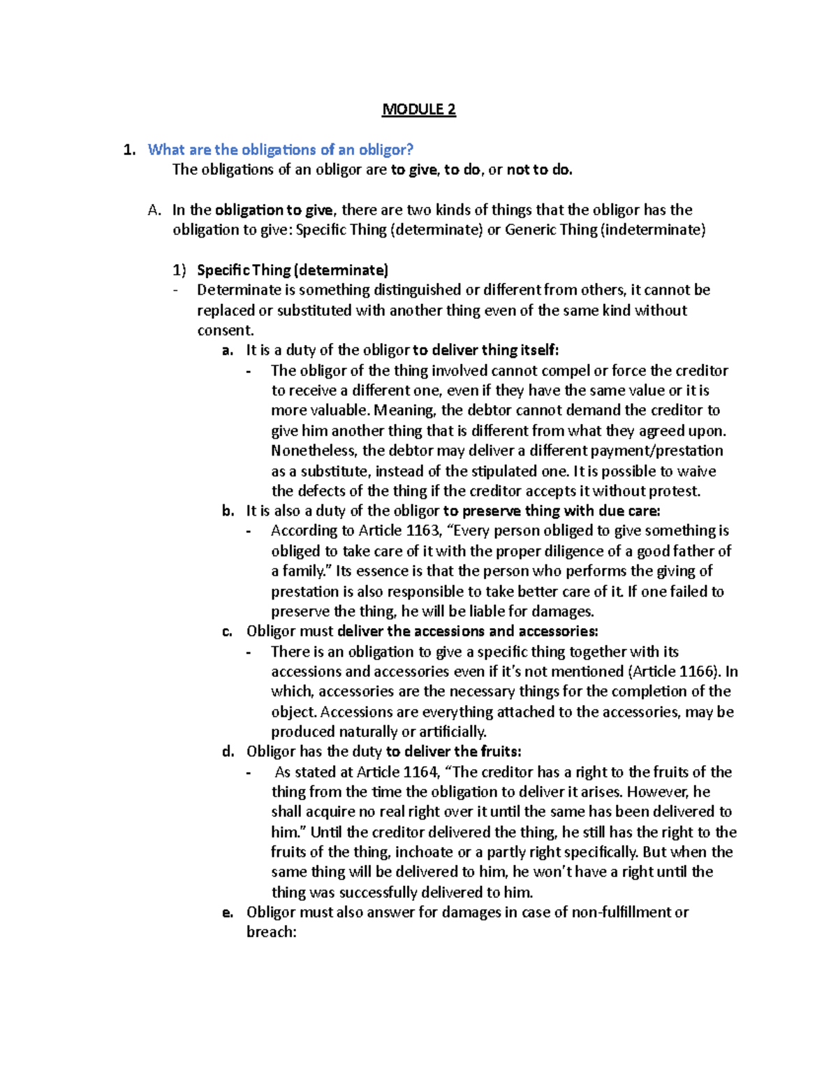 Module 2 Oblicon - MODULE 2 What are the obligations of an obligor? The ...