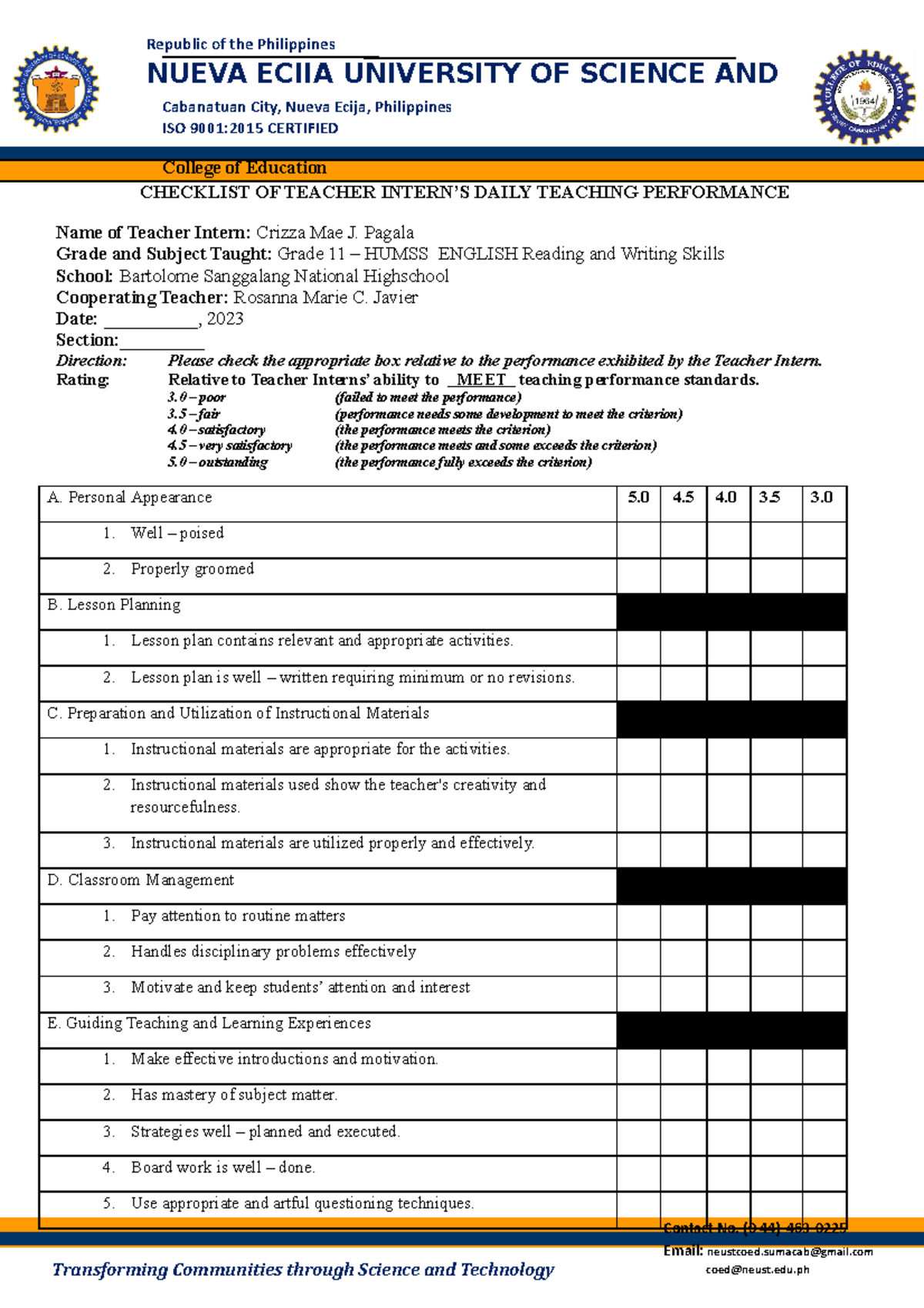 New Daily Teaching Forms - CHECKLIST OF TEACHER INTERN’S DAILY TEACHING ...