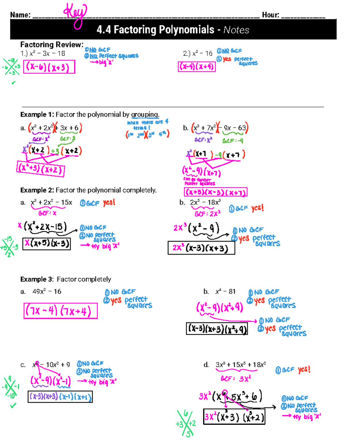 4.4 Factoring Polynomials Notes & Practice KEY - Name: - Studocu