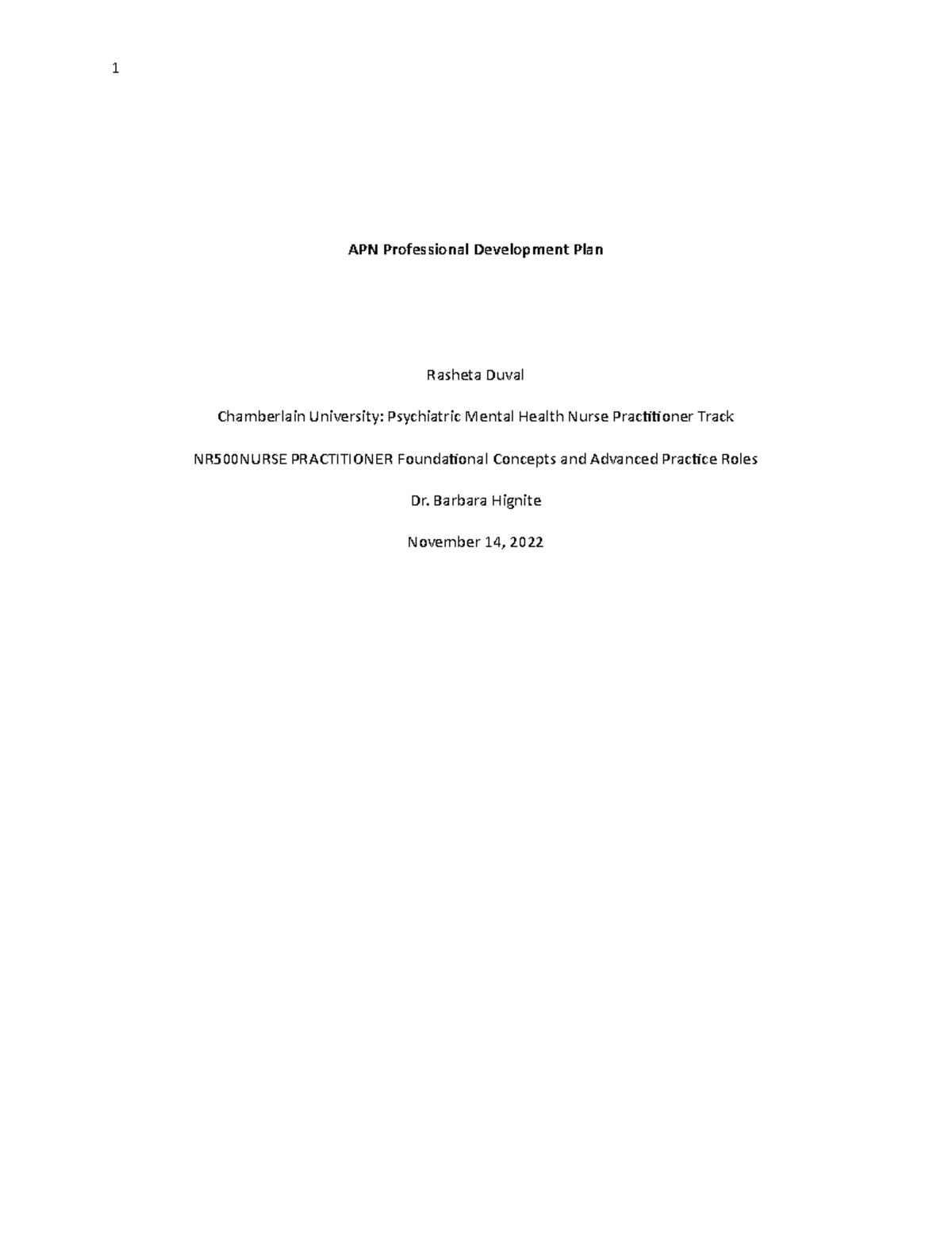APN Development Plan Paper - APN Professional Development Plan Rasheta ...